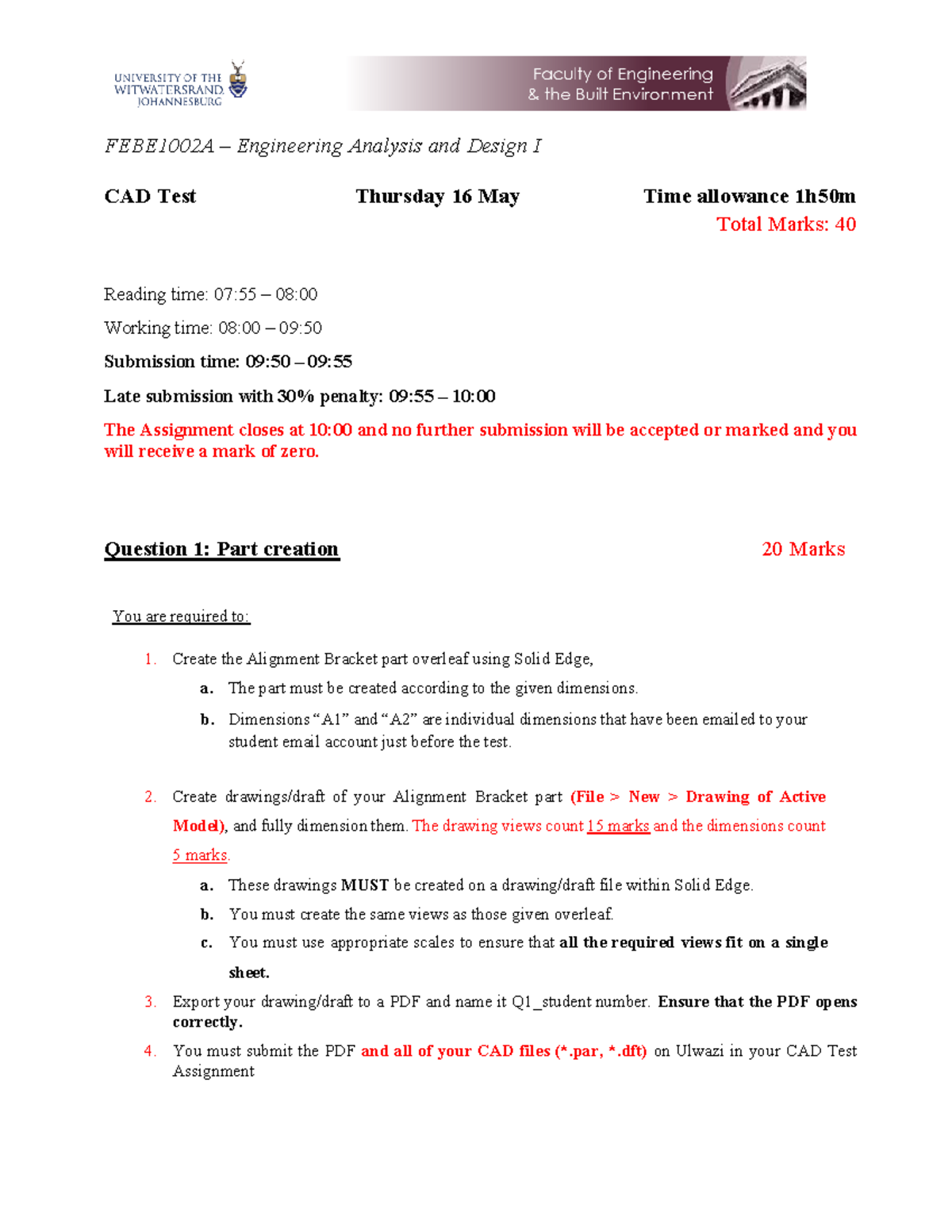 CAD Test 2024 Cohort A - FEBE1002A – Engineering Analysis and Design I ...