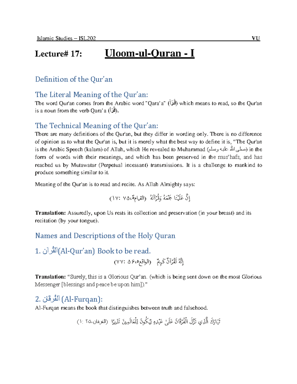 17 to 19 ISL202 Handouts - Islamic Studies – ISL202 VU Lecture# 17: Uloom-ul-Quran - I ...