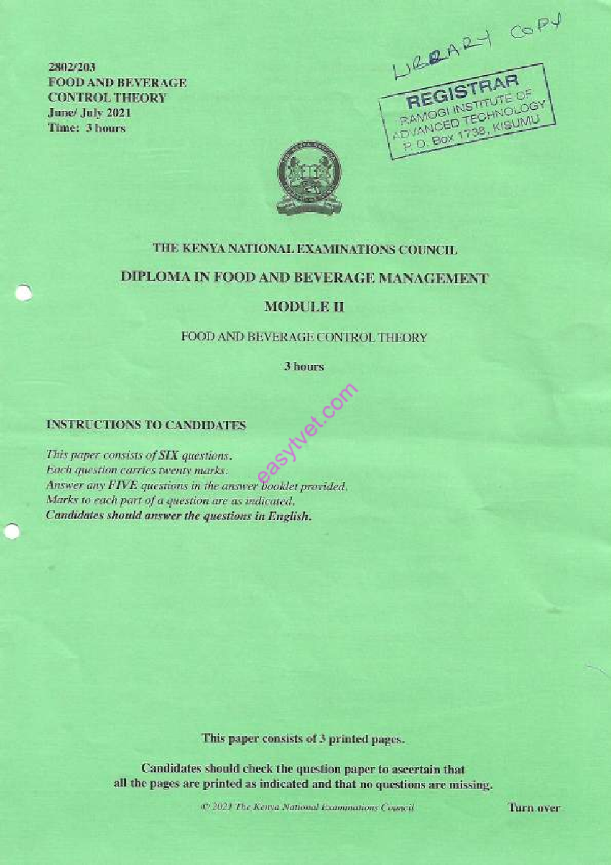 Food And Beverage Production Theory Knec Past Papers at Jason Rico blog