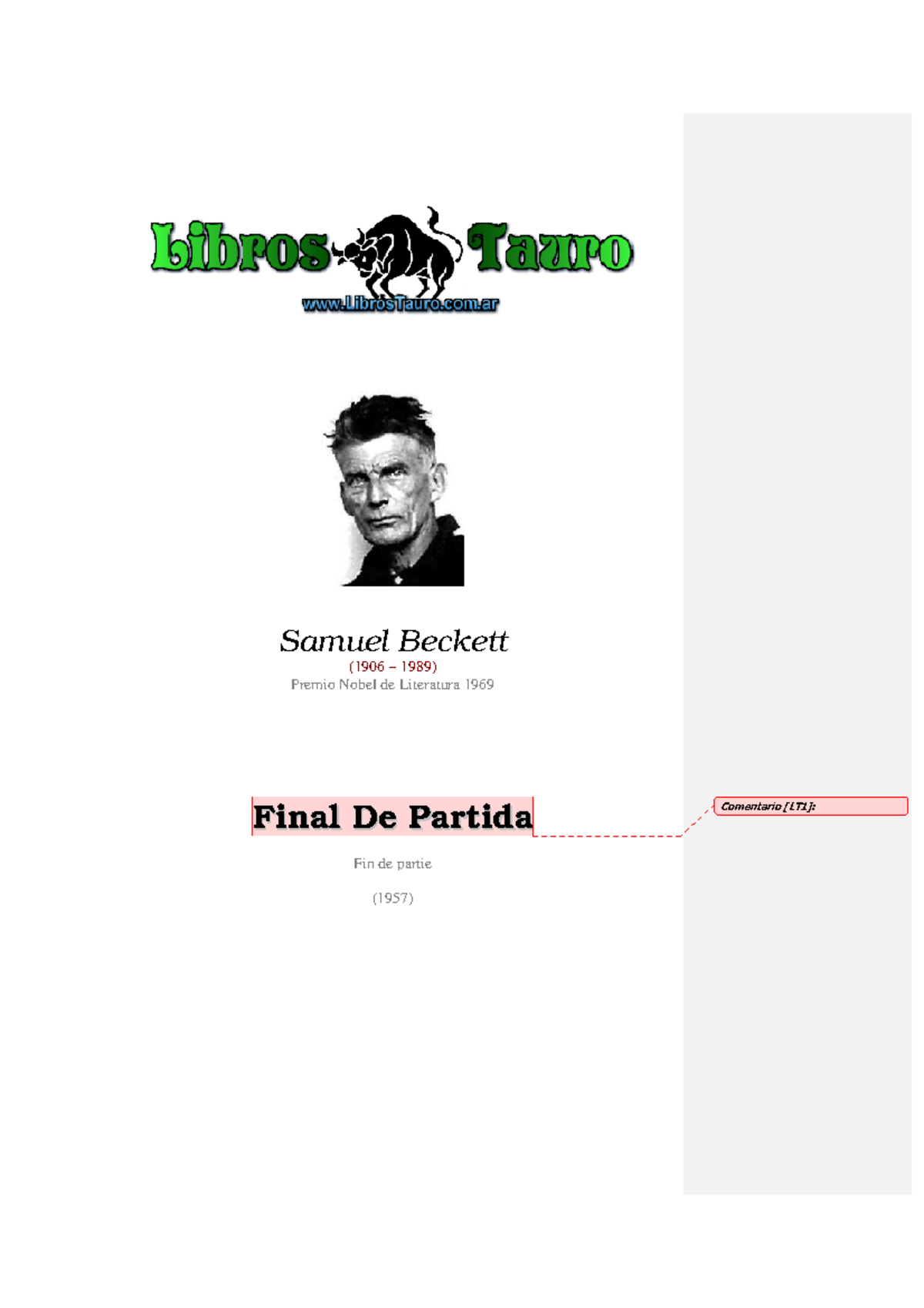Beckett, Samuel - Final De Partida - Samuel Beckett (1906 – 1989 ...