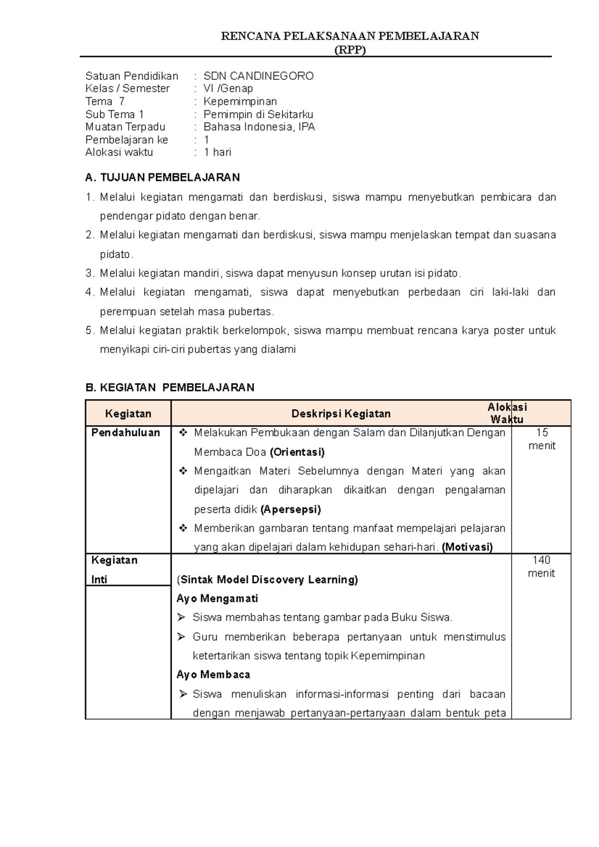 RPP TEMA 7 - rpp tema 7 kls 6 - RENCANA PELAKSANAAN PEMBELAJARAN (RPP) Satuan Pendidikan : SDN ...