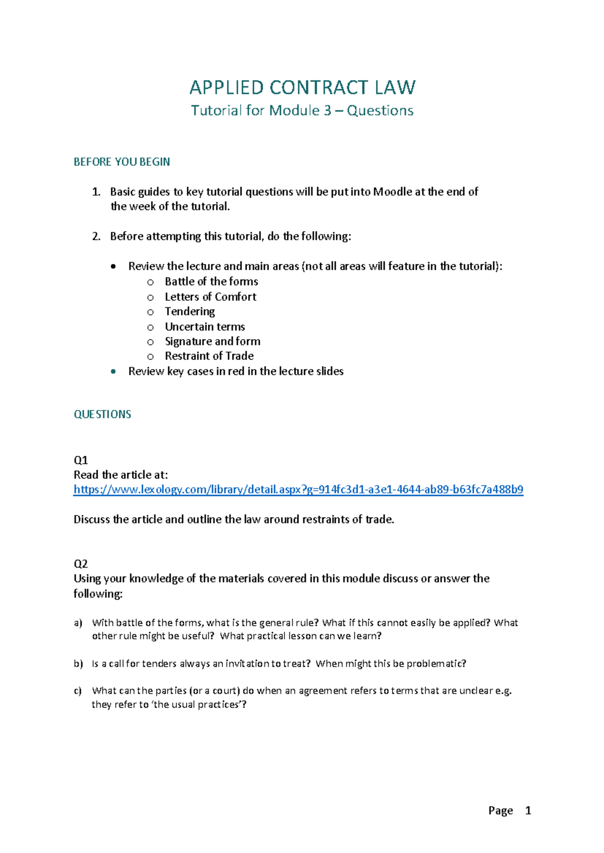 Module 3 Tutorial Questions Page 1 Applied Contract Law Tutorial For Module 3 Questions