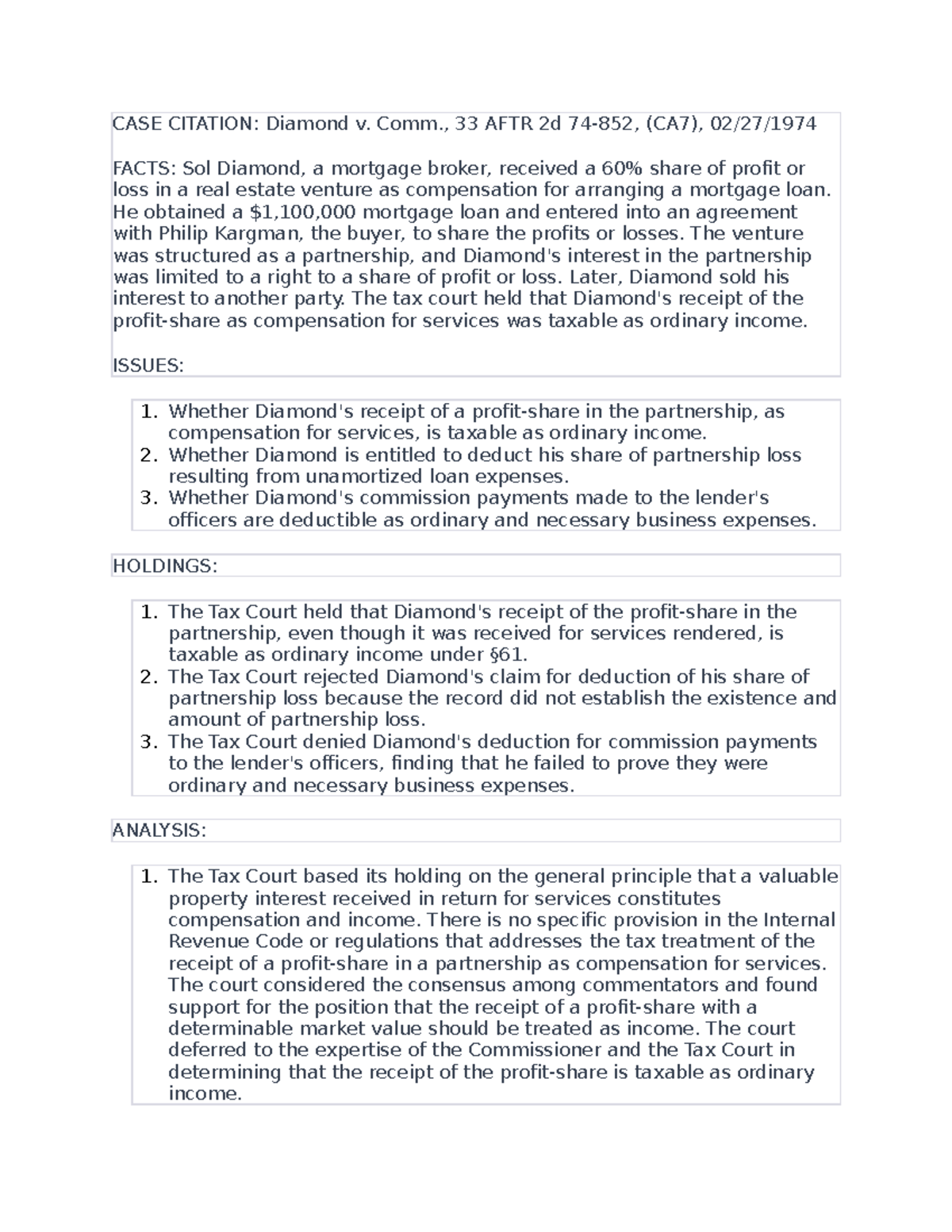 Case brief 1 - CASE CITATION: Diamond v. Comm., 33 AFTR 2d 74-852, (CA7 ...