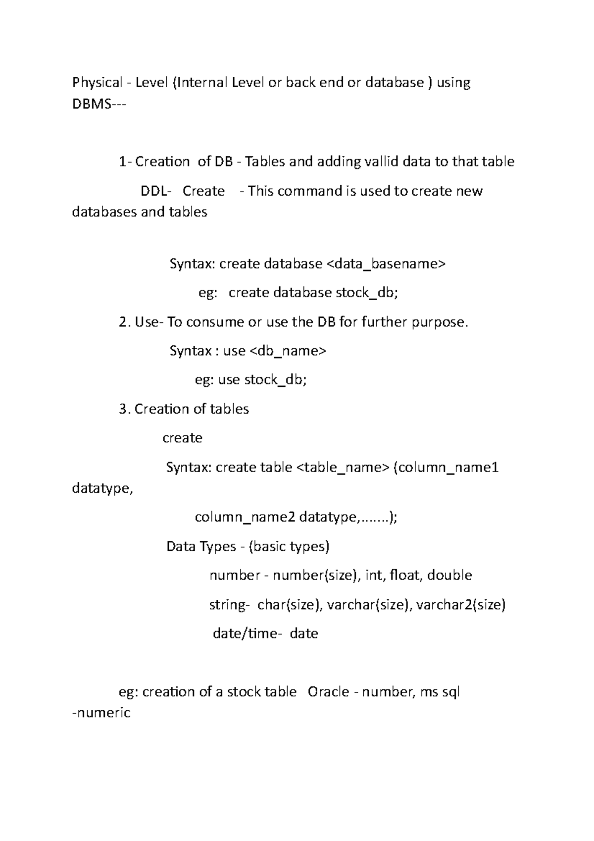 Database note - lecture note - Physical - Level (Internal Level or back ...