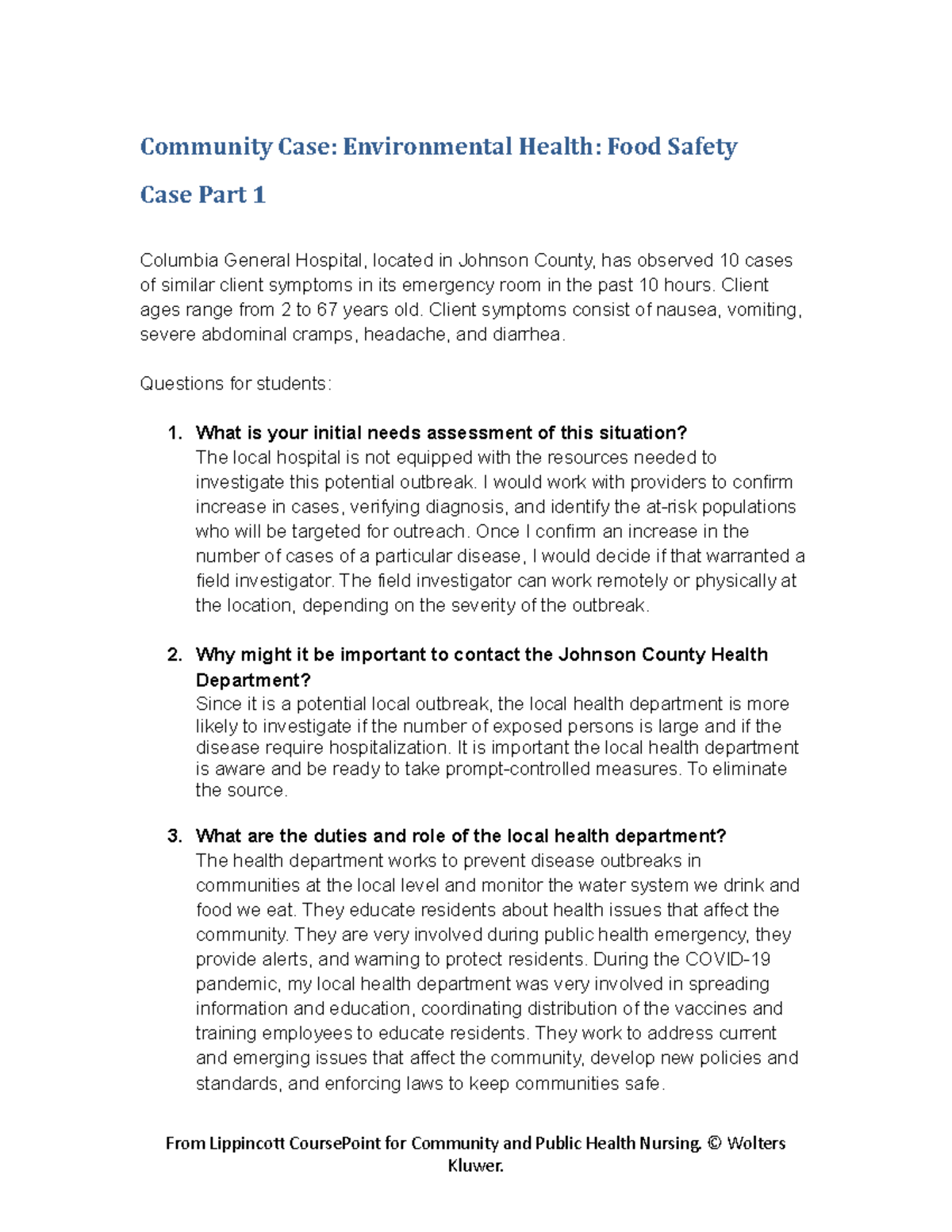 Environmental Health: Food Safety Case Part 1 - Studocu