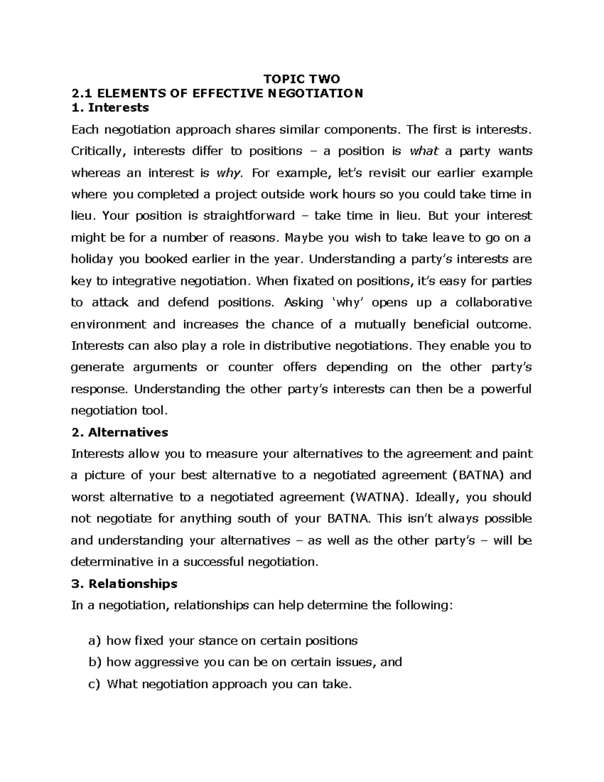 Topic TWO Elements OF Effective Negotiation - TOPIC TWO 2 ELEMENTS OF ...