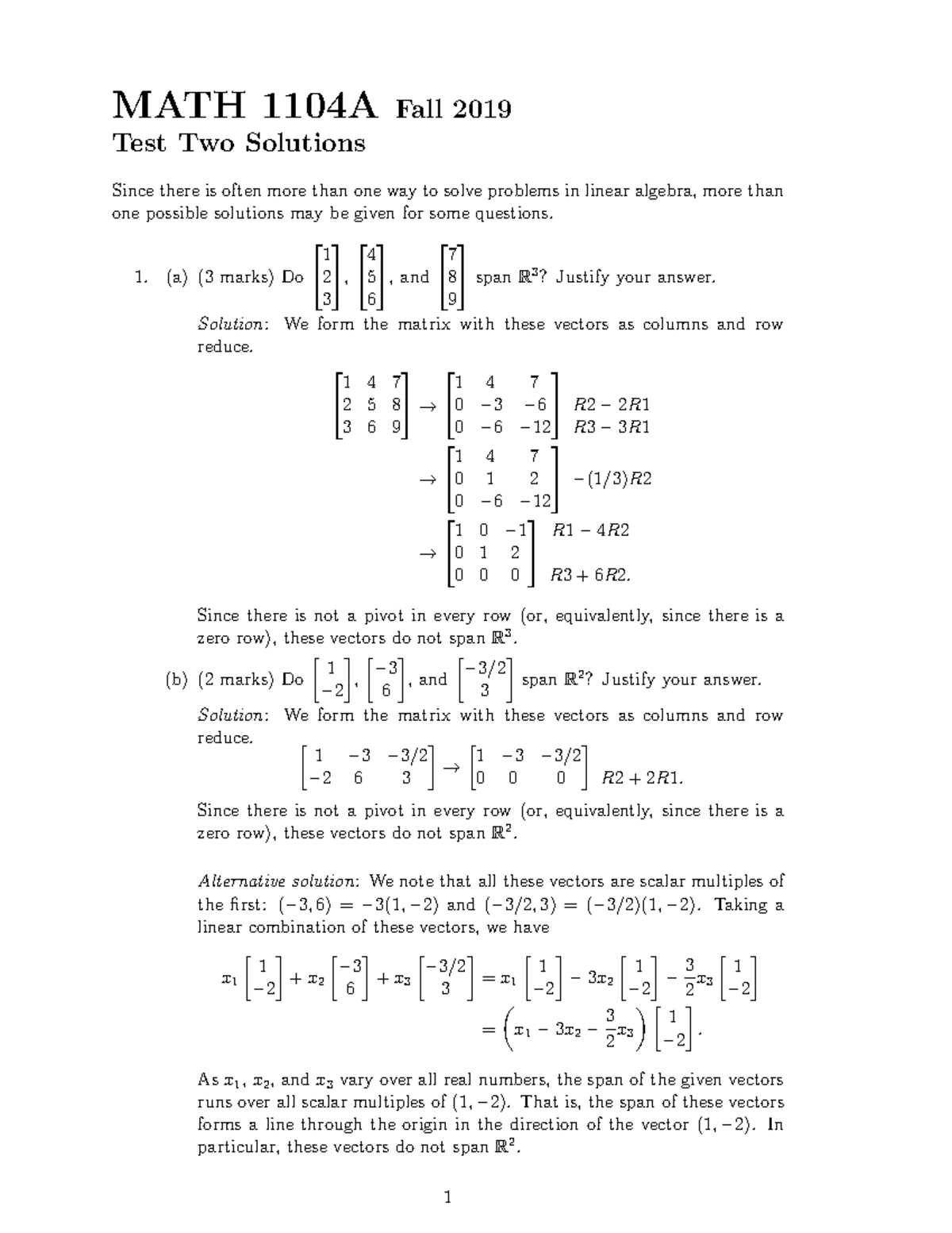 Test, answers - MATH 1104A Fall 2019 Test Two Solutions Since there is ...