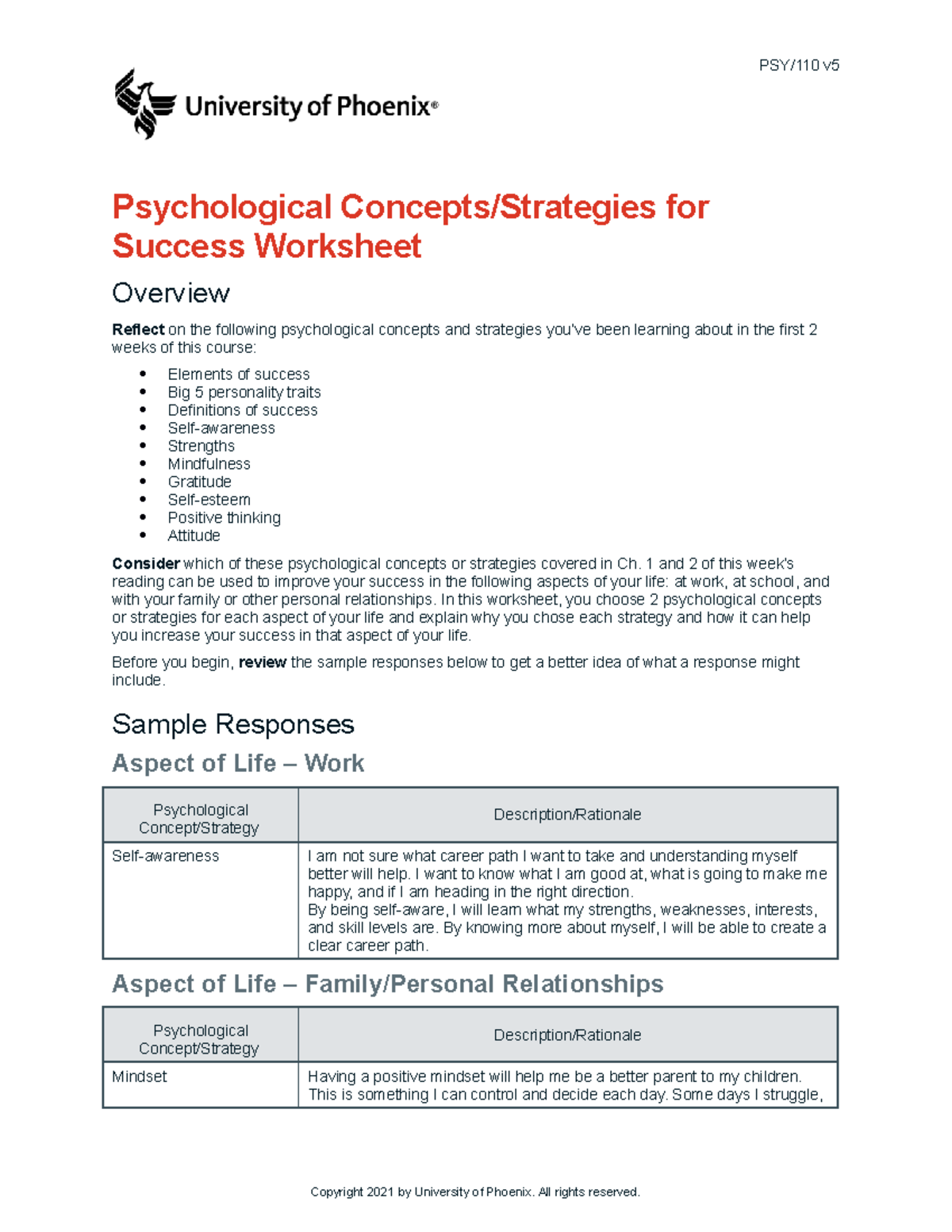 Psy110 v5 wk2 psychological concepts strategies for success worksheet ...
