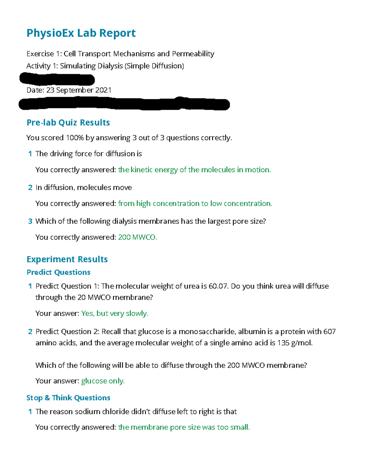 Sheet 1 - PhysioEx Lab Report Exercise 1: Cell Transport Mechanisms and ...
