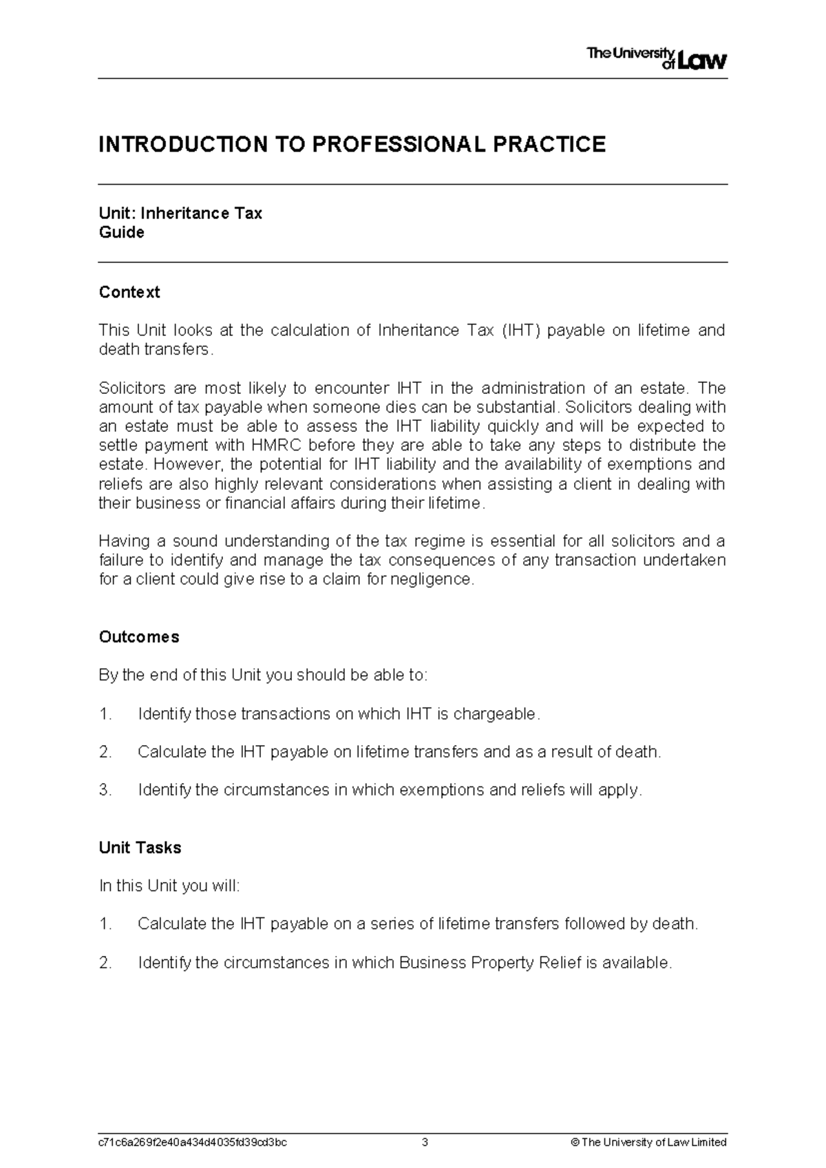 Guide - INTRODUCTION TO PROFESSIONAL PRACTICE Unit: Inheritance Tax ...