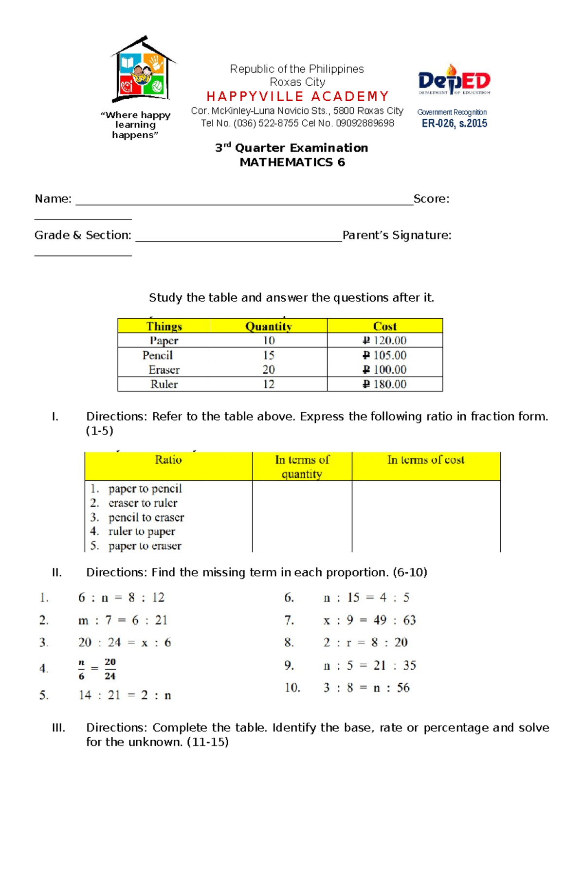 3rd Quarter Examination 6 - 3 rd Quarter Examination MATHEMATICS 6 Name ...