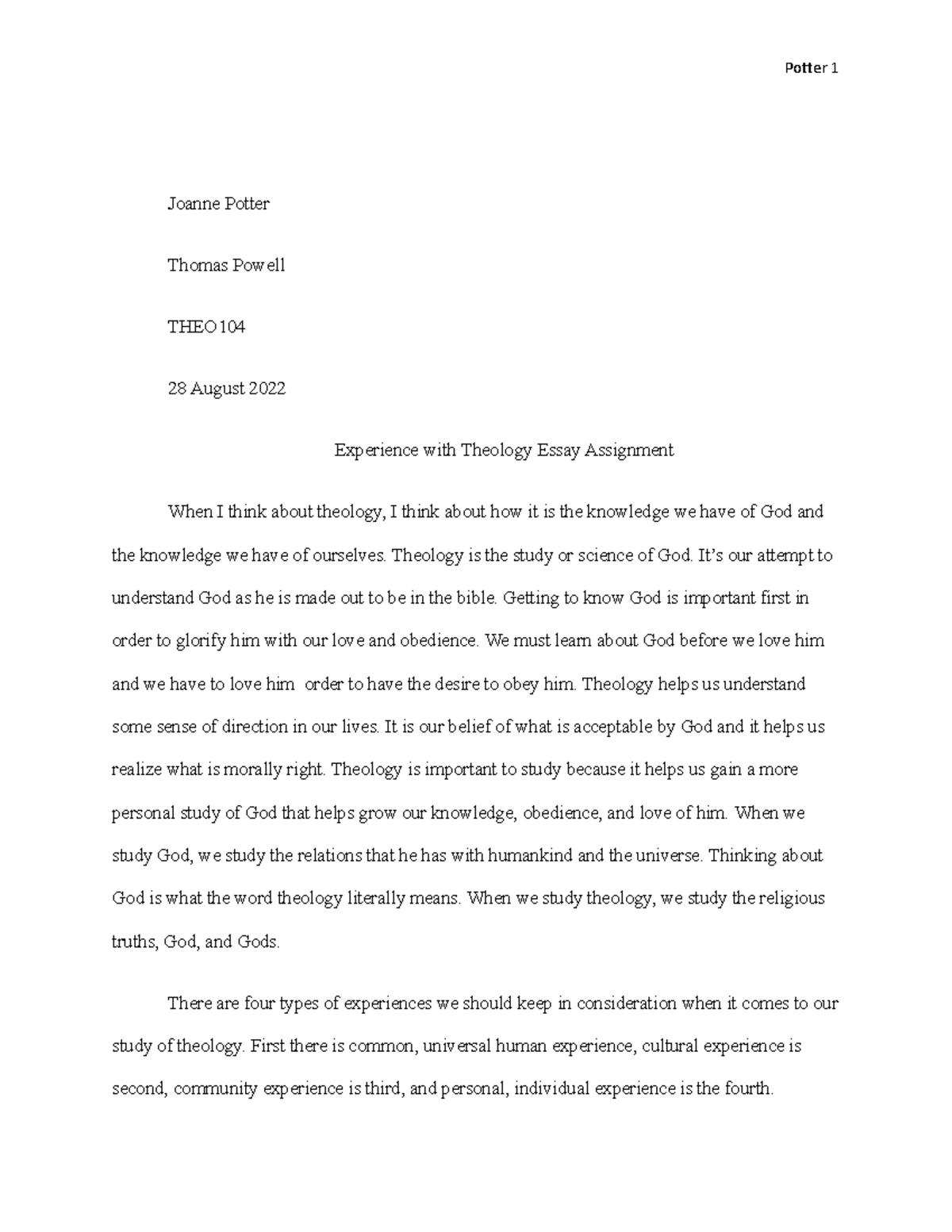 Experience with Theology Essay Assignment - Joanne Potter Thomas Powell ...
