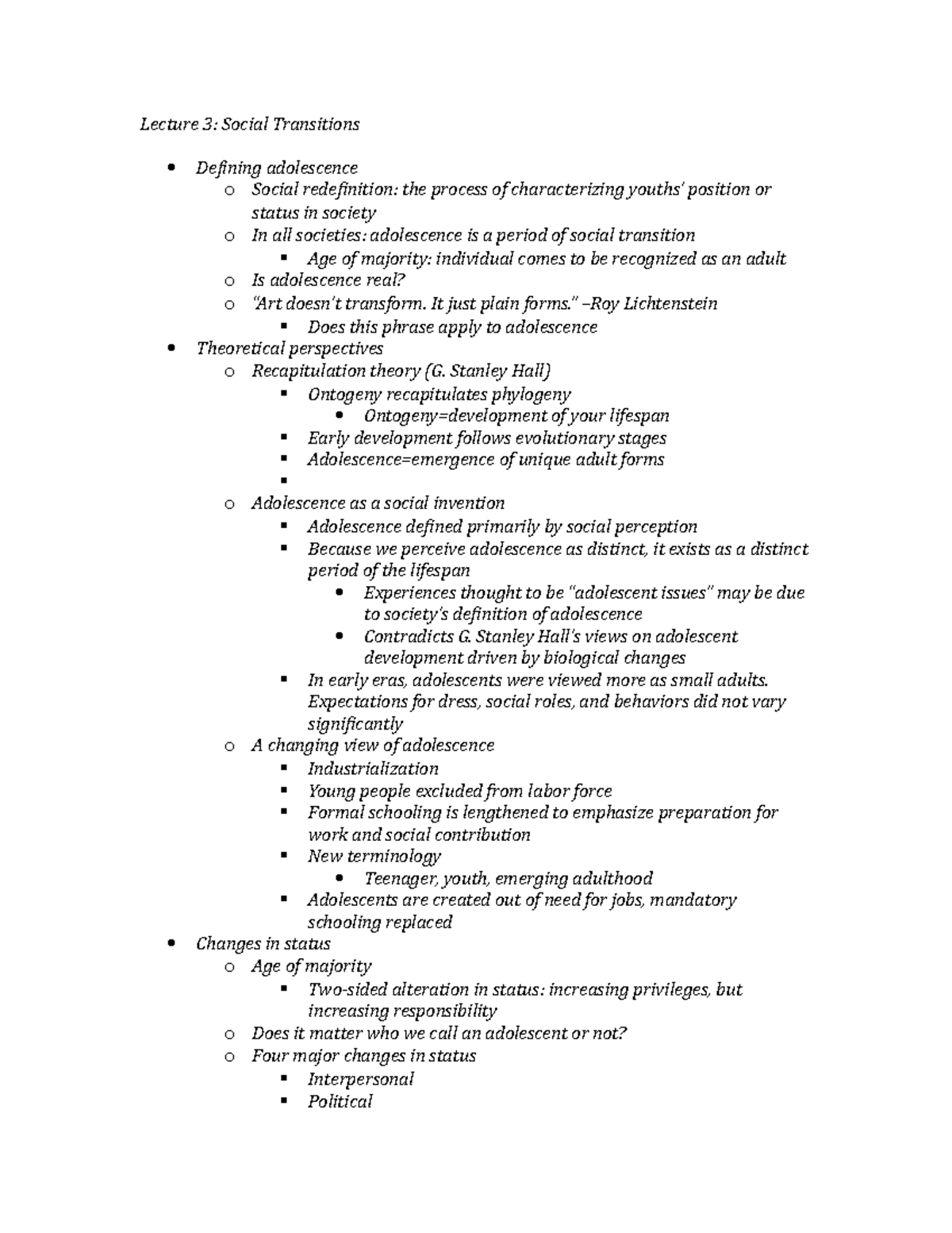 Lecture 3 - Lecture 3: Social Transitions Defining adolescence o Social ...