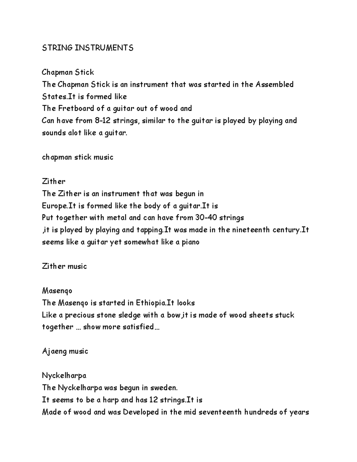 String Instruments - Assignments - STRING INSTRUMENTS Chapman Stick The Chapman Stick is an ...