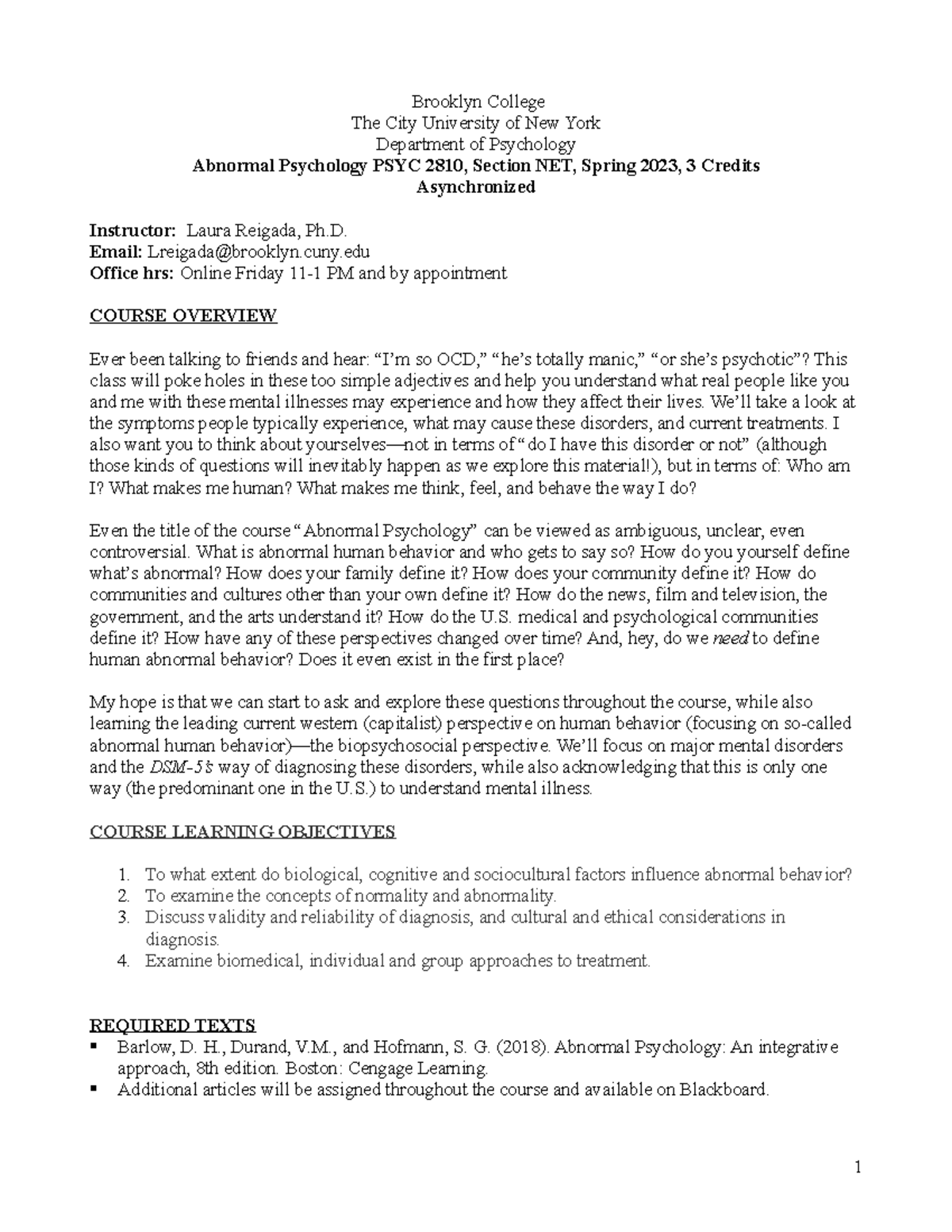 PSYC 2810 Reigada syllabus Async Spring 2023(1) - Brooklyn College The ...