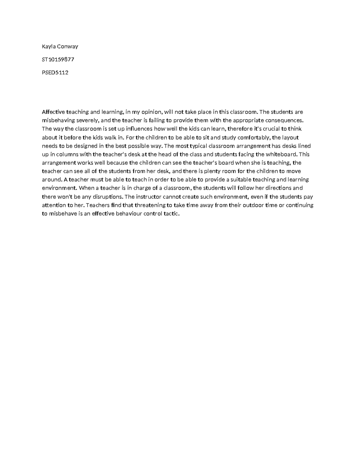 Classroom layout psed - Very helpful for Psychology ice tasks and exam - Kayla Conway ST PSED ...