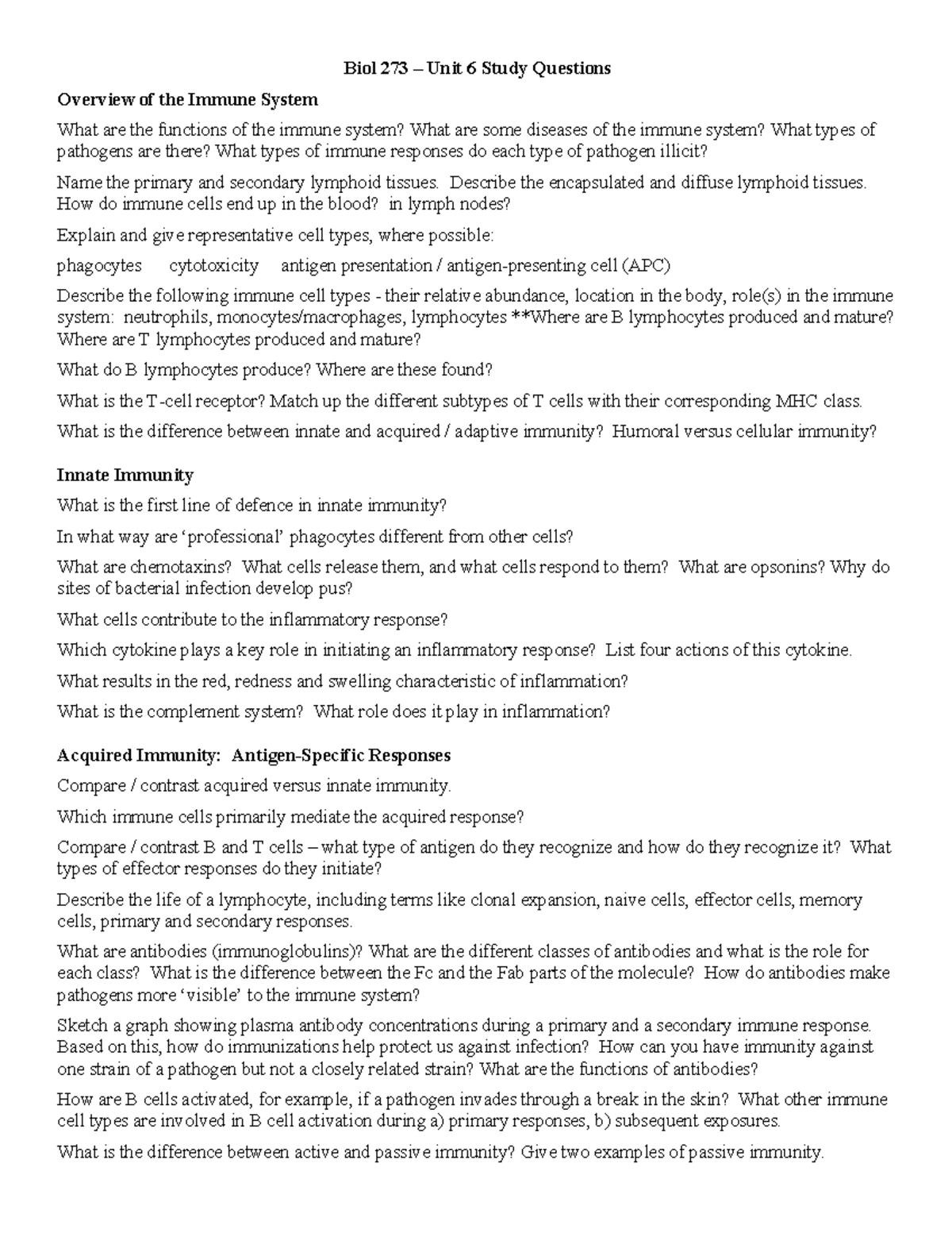 Unit 6 - review - oisjehdf - Biol 273 – Unit 6 Study Questions Overview ...