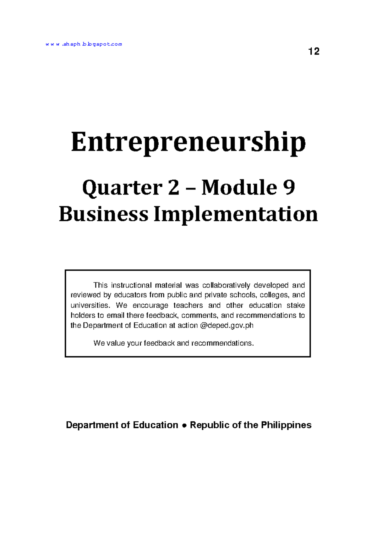 Mod9 Business-Implementation v2 - 12 Entrepreneurship Quarter 2 ...