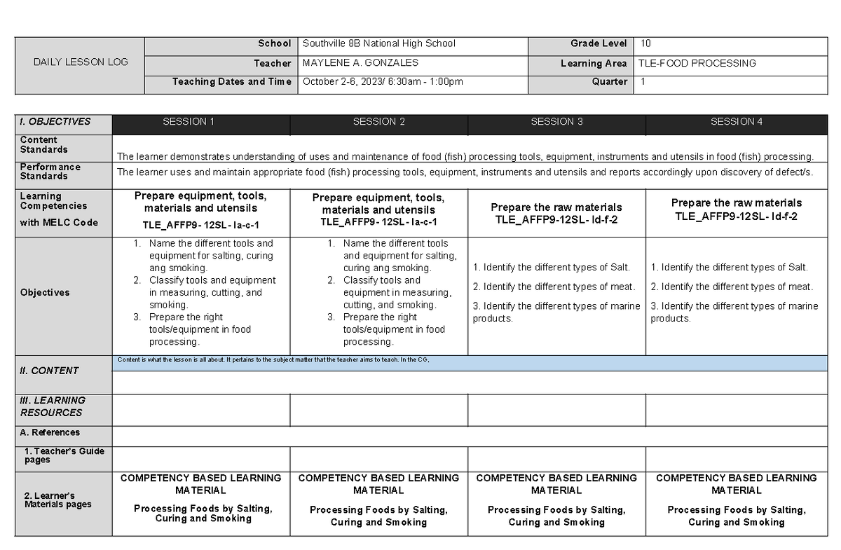 Week 6 - Daily Lesson Log - DAILY LESSON LOG School Southville 8B ...