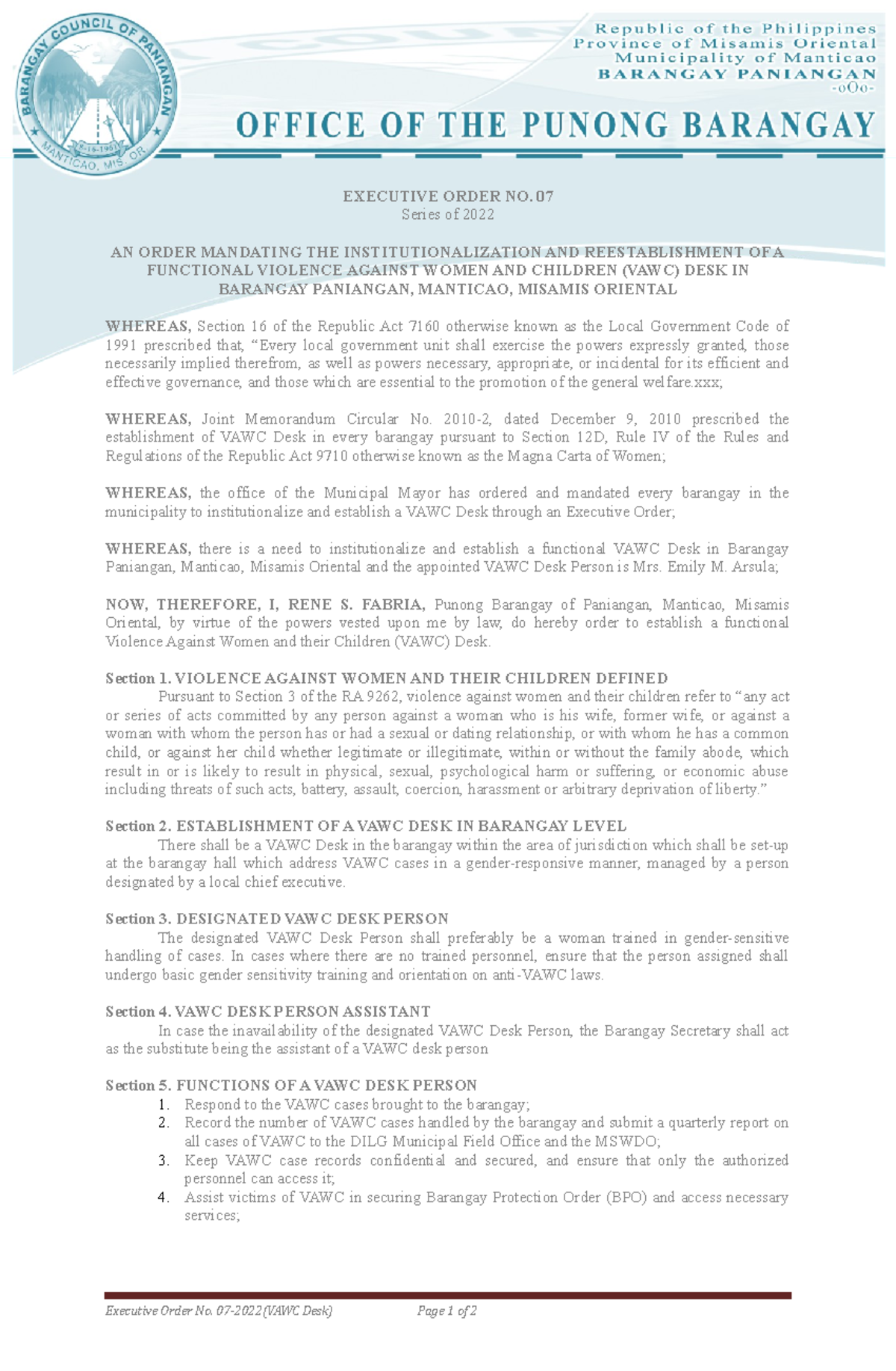 EO NO. 07-2018 (VAWC DESK)updated - EXECUTIVE ORDER NO. 07 Series of ...