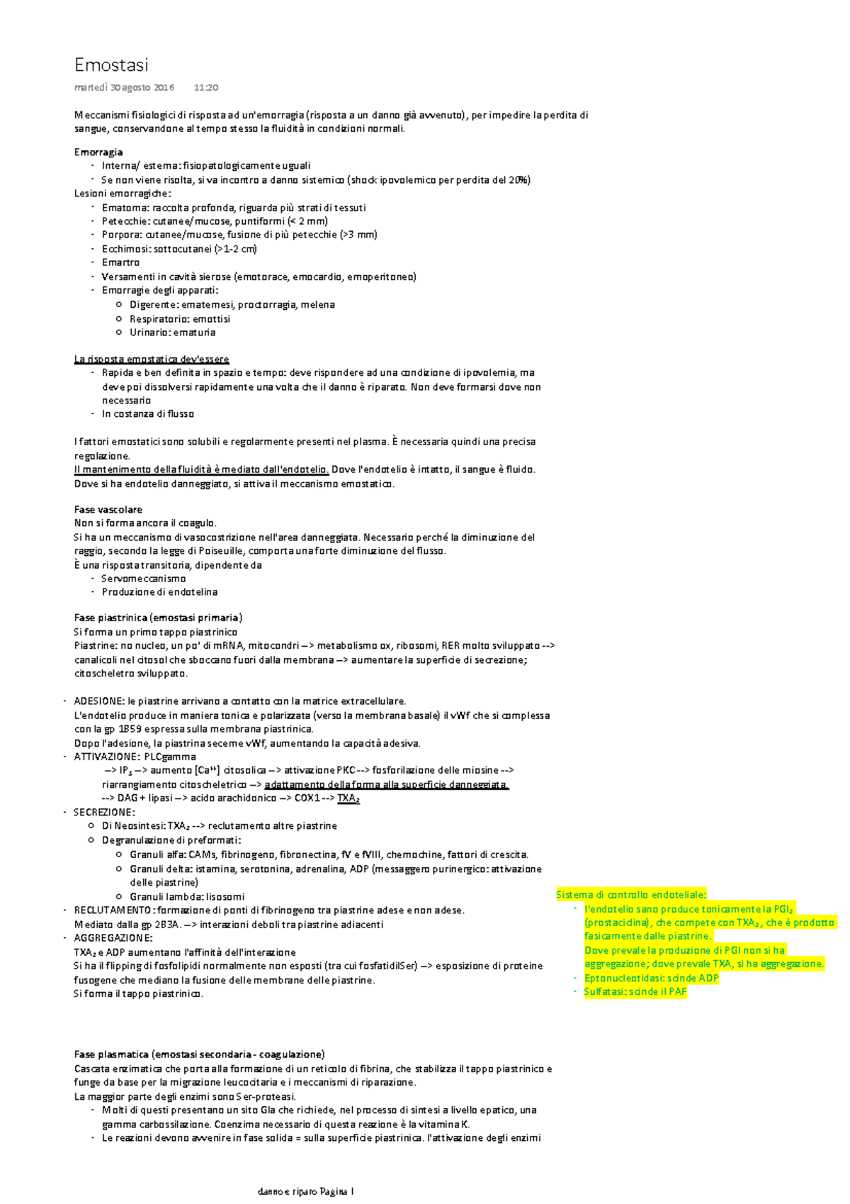 Appunti - Emostasi - Patologia Generale - Warning: TT: undefined function: 32 Warning: TT ...