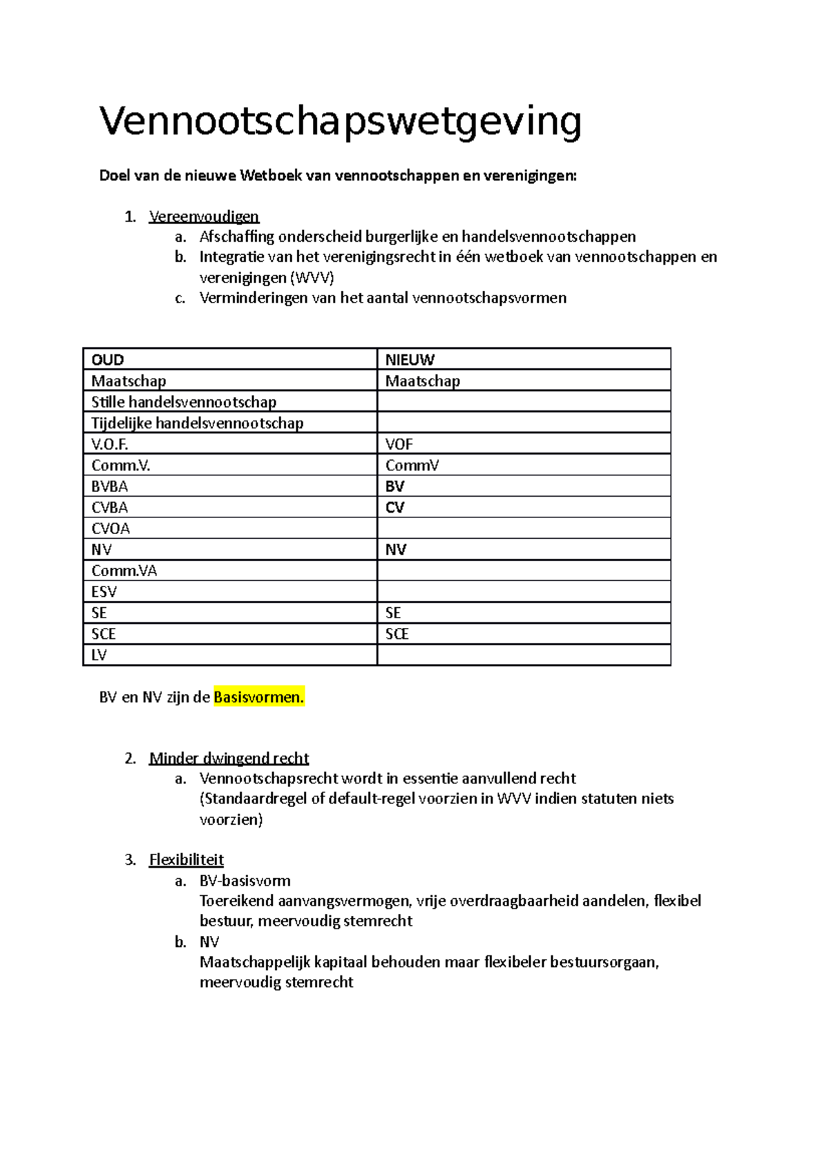 Samenvatting venn - Vennootschapswetgeving Doel van de nieuwe Wetboek ...
