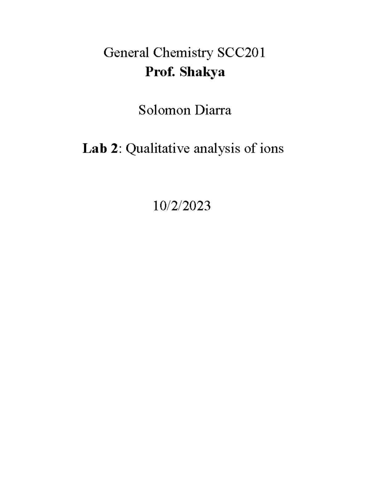 lab 2 qualitative analysis of ions - General Chemistry SCC Prof. Shakya ...