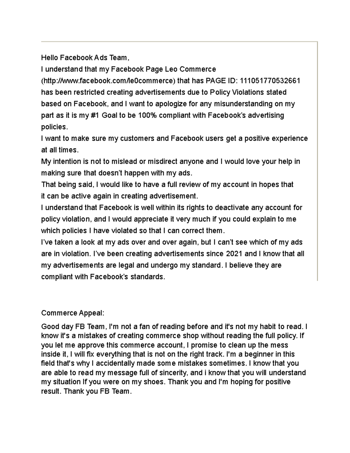 Facebook Appeal Sample - Hello Facebook Ads Team, I understand that my ...
