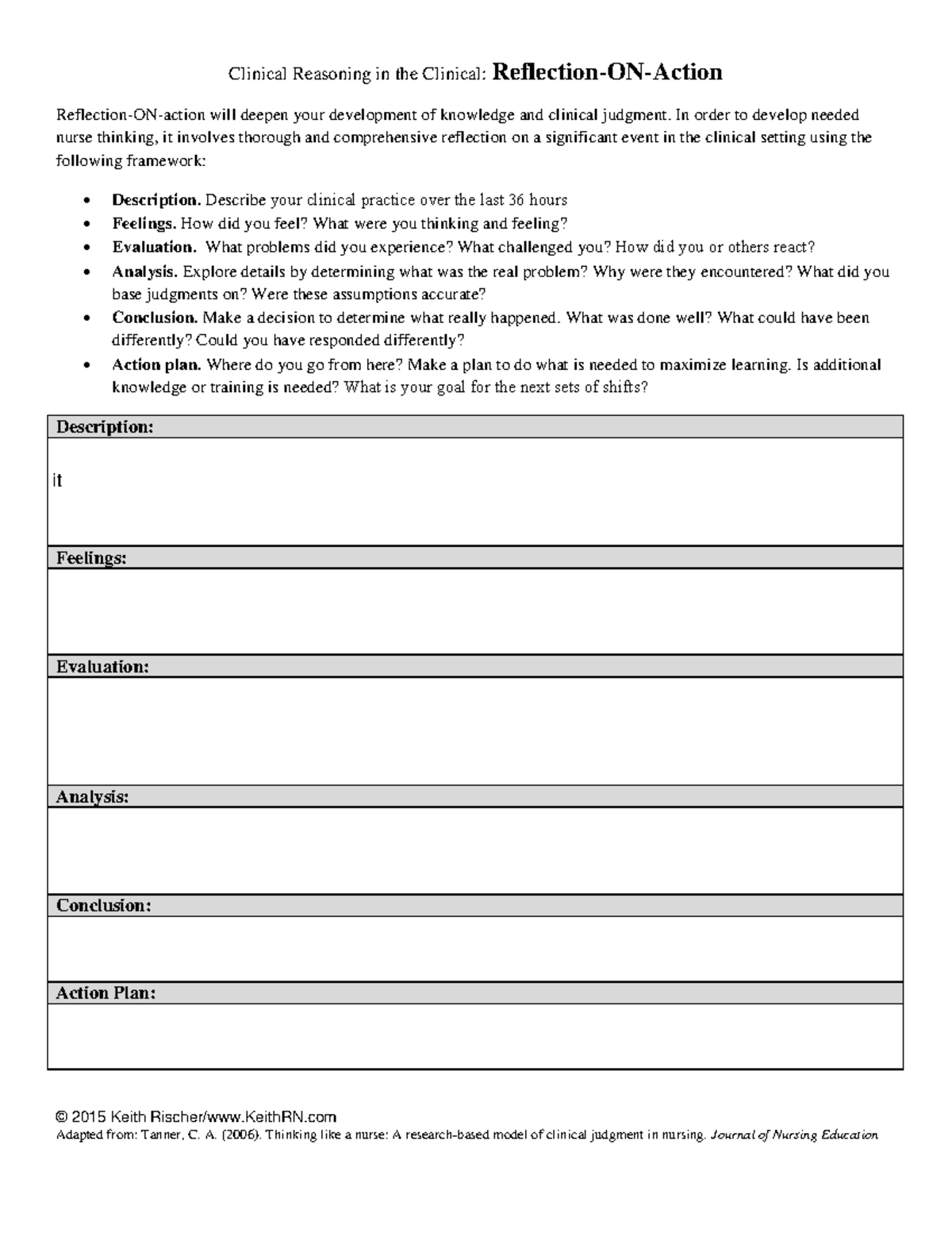 #4 401 Reflection-ON-Action Clinical - © 2015 Keith KeithRN Adapted ...
