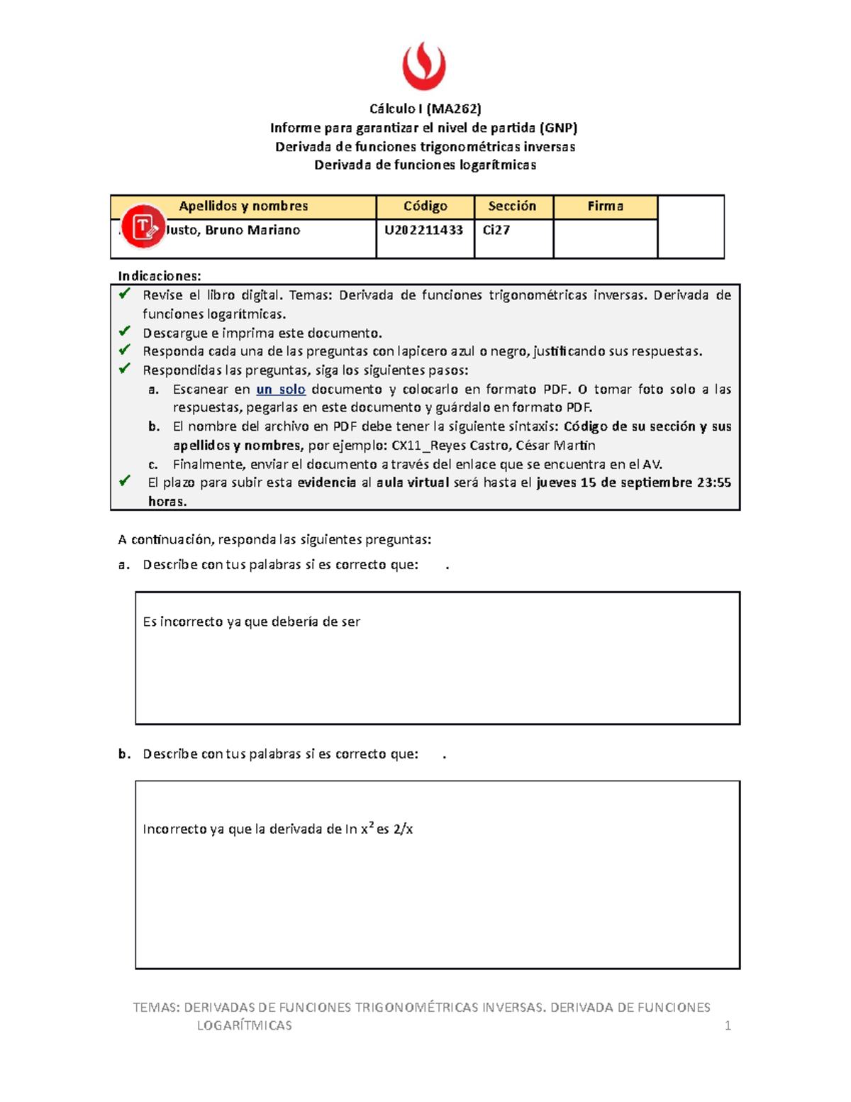 1 - GNP 2 - Cálculo I (MA262) Informe para garantizar el nivel de ...