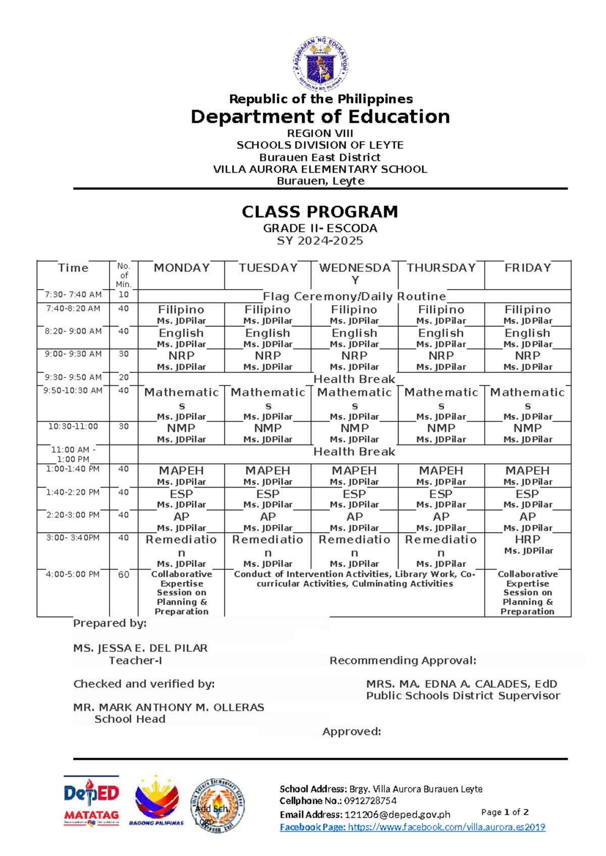 Grade 2 Tentative Class Program Template Unified FOR - School Address ...