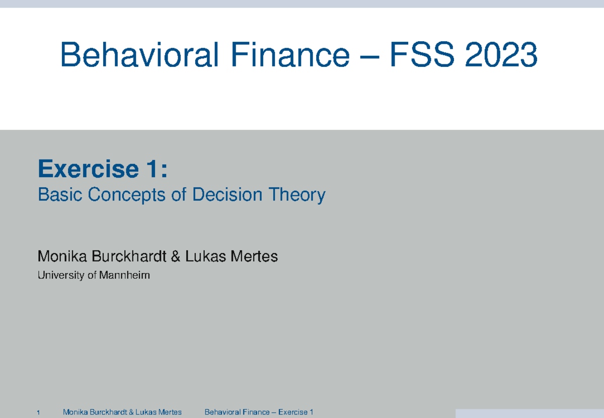 Exercise 1 FSS23 - Exercise 1: Basic Concepts of Decision Theory Monika ...