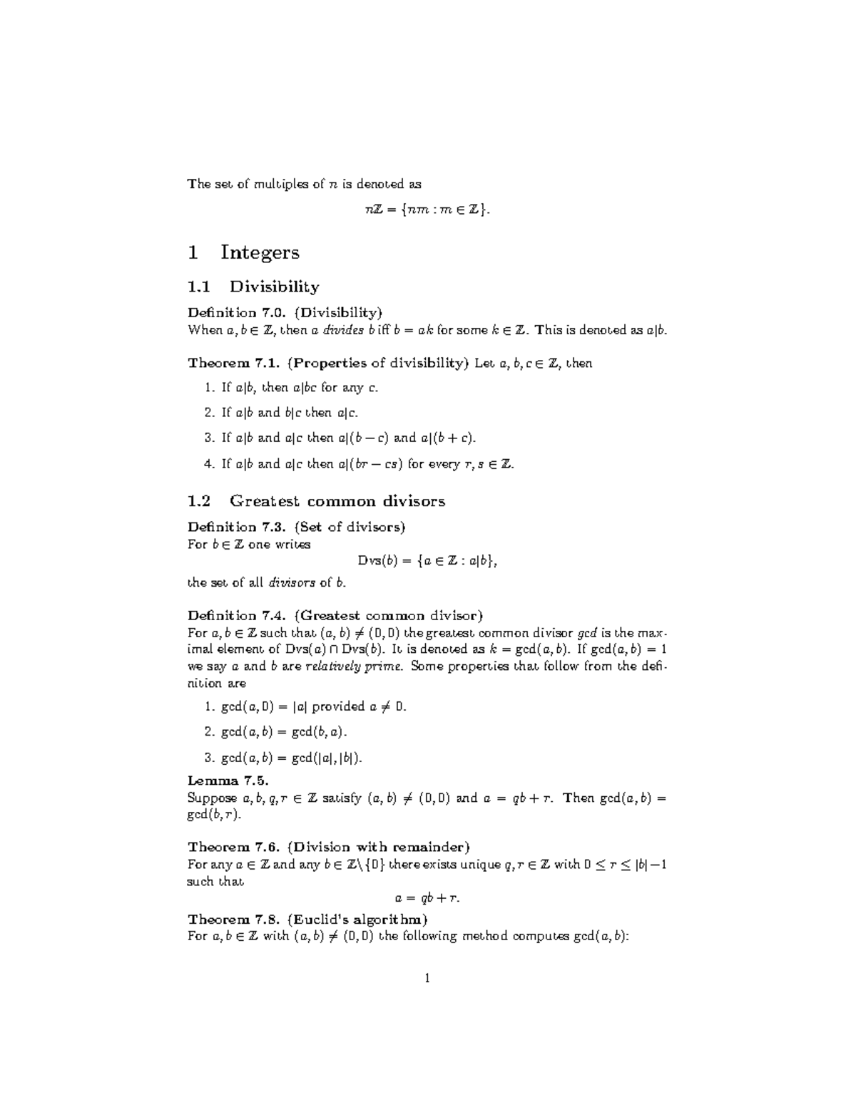 Sets and numbers summary - The set of multiples of n is denoted as nZ ...