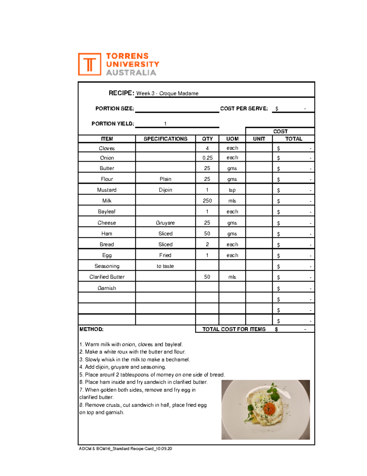 Assessment one marketing fundementals - RECIPE: PORTION SIZE: COST PER ...