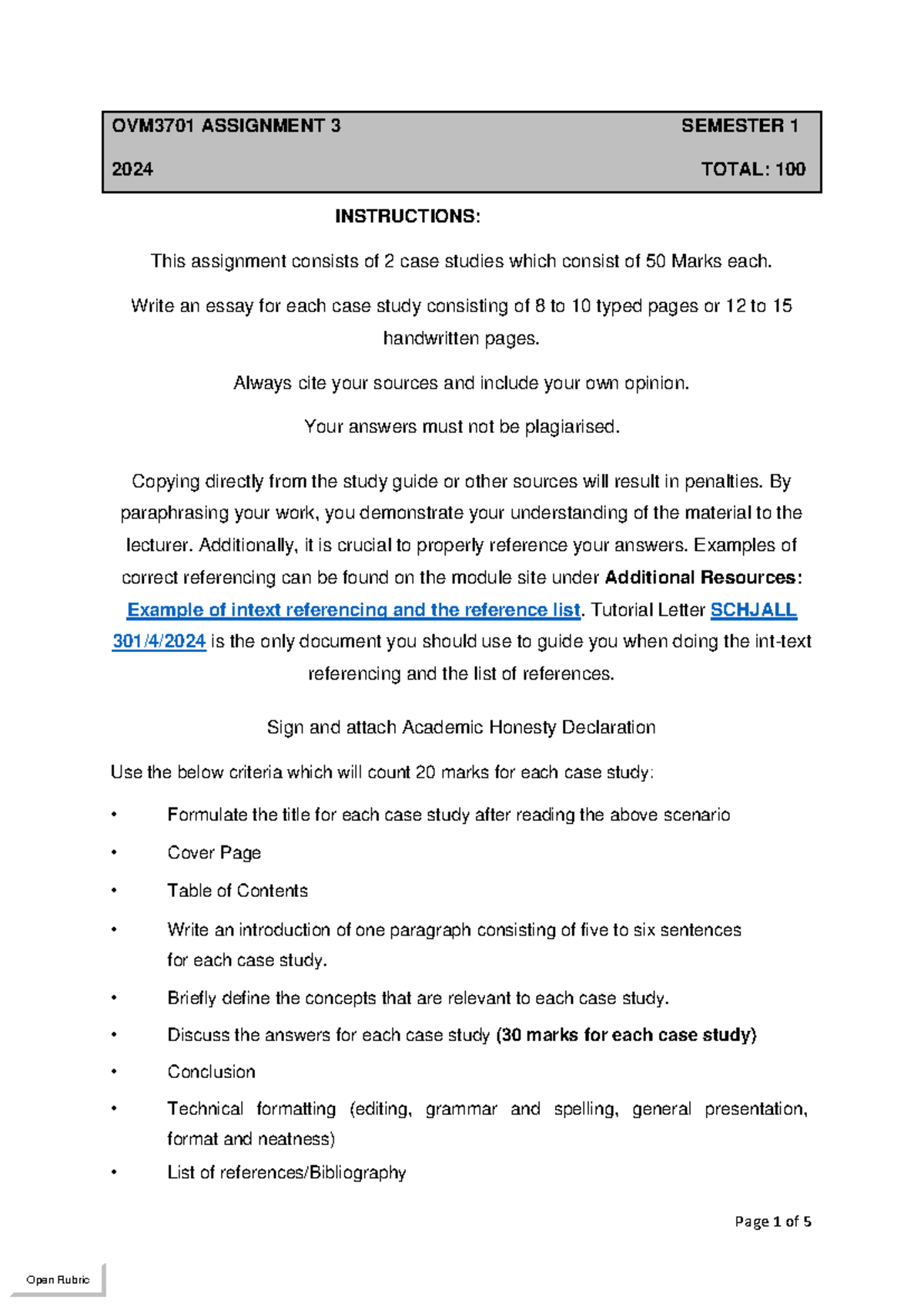 2024 - OVM3701 ASSIGNMENT 3 SEMESTER 1 2024 TOTAL: 100 INSTRUCTIONS ...