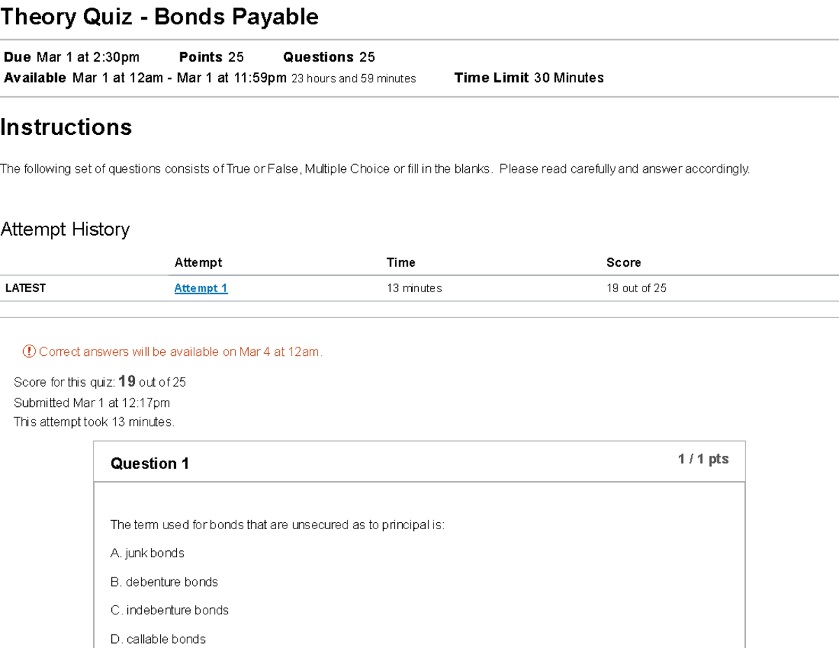 Theory-quiz - NONE - Theory Quiz - Bonds Payable Due Mar 1 at 2:30pm ...