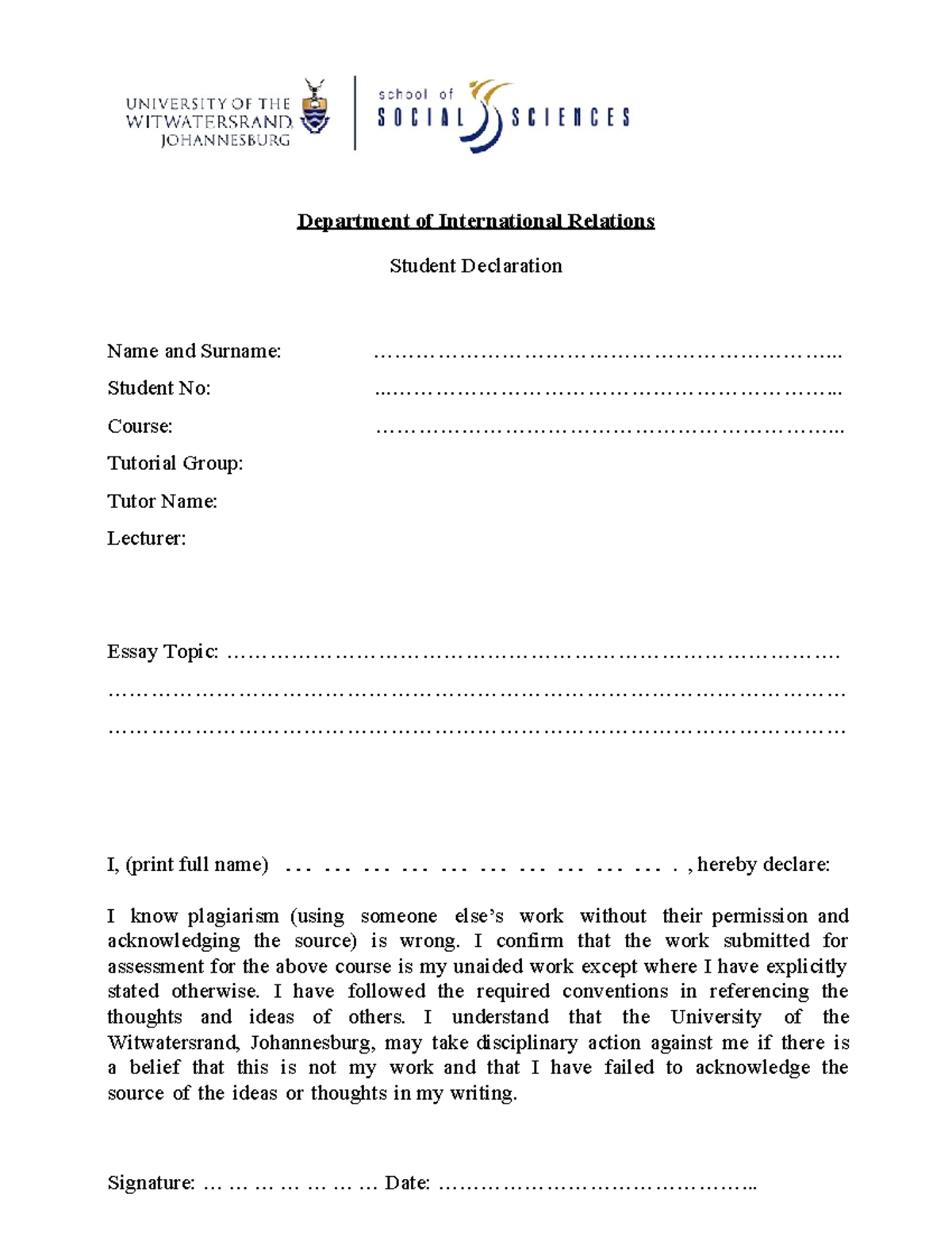 Cover Page Student Declaration - Department of International Relations ...