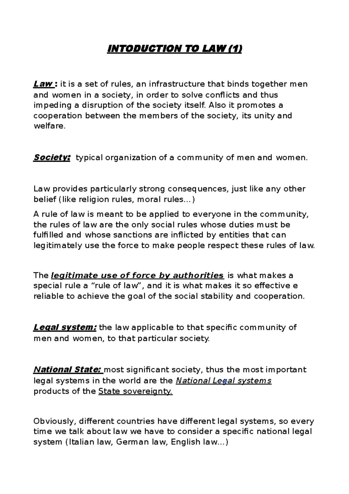 ITL notes - intorduction to law appunti - INTODUCTION TO LAW ( 1 ) Law ...