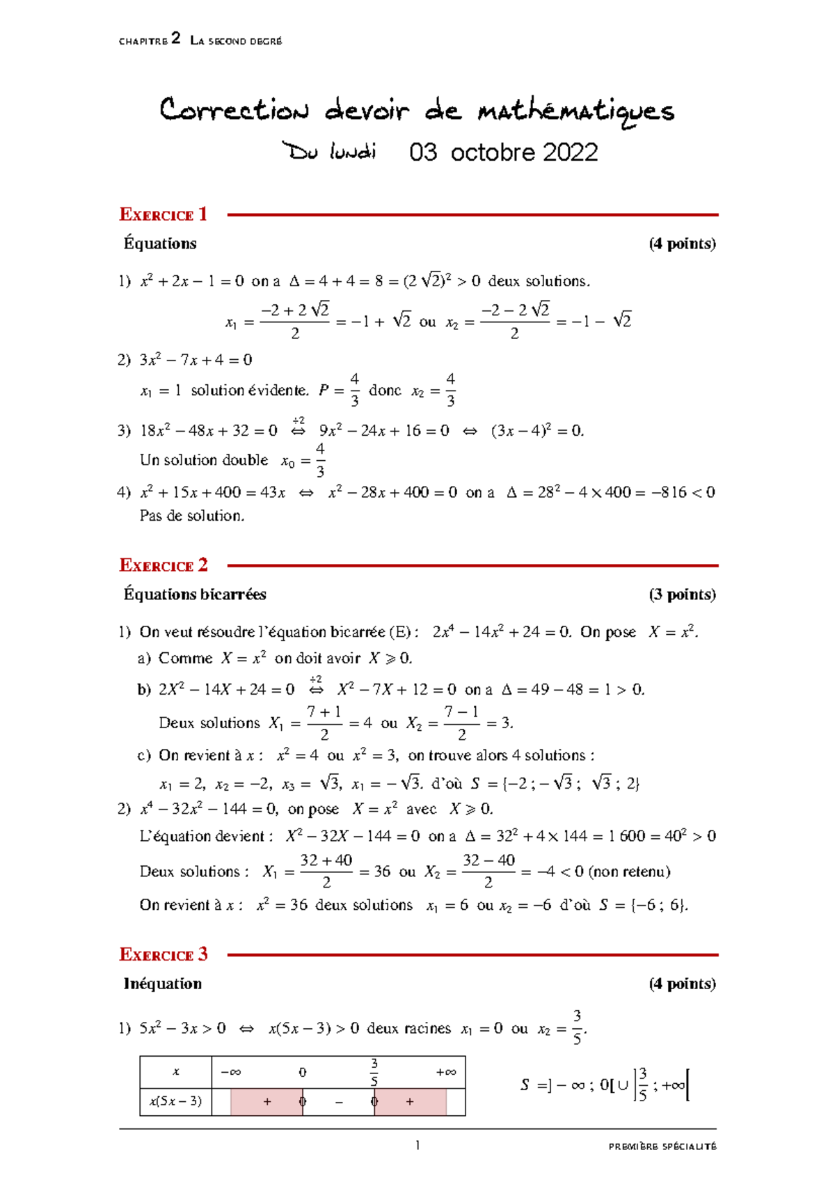 Correction Dm fonction polynome - chapitre 1 : La second degr ́e 13 novembre 2021 Correction ...