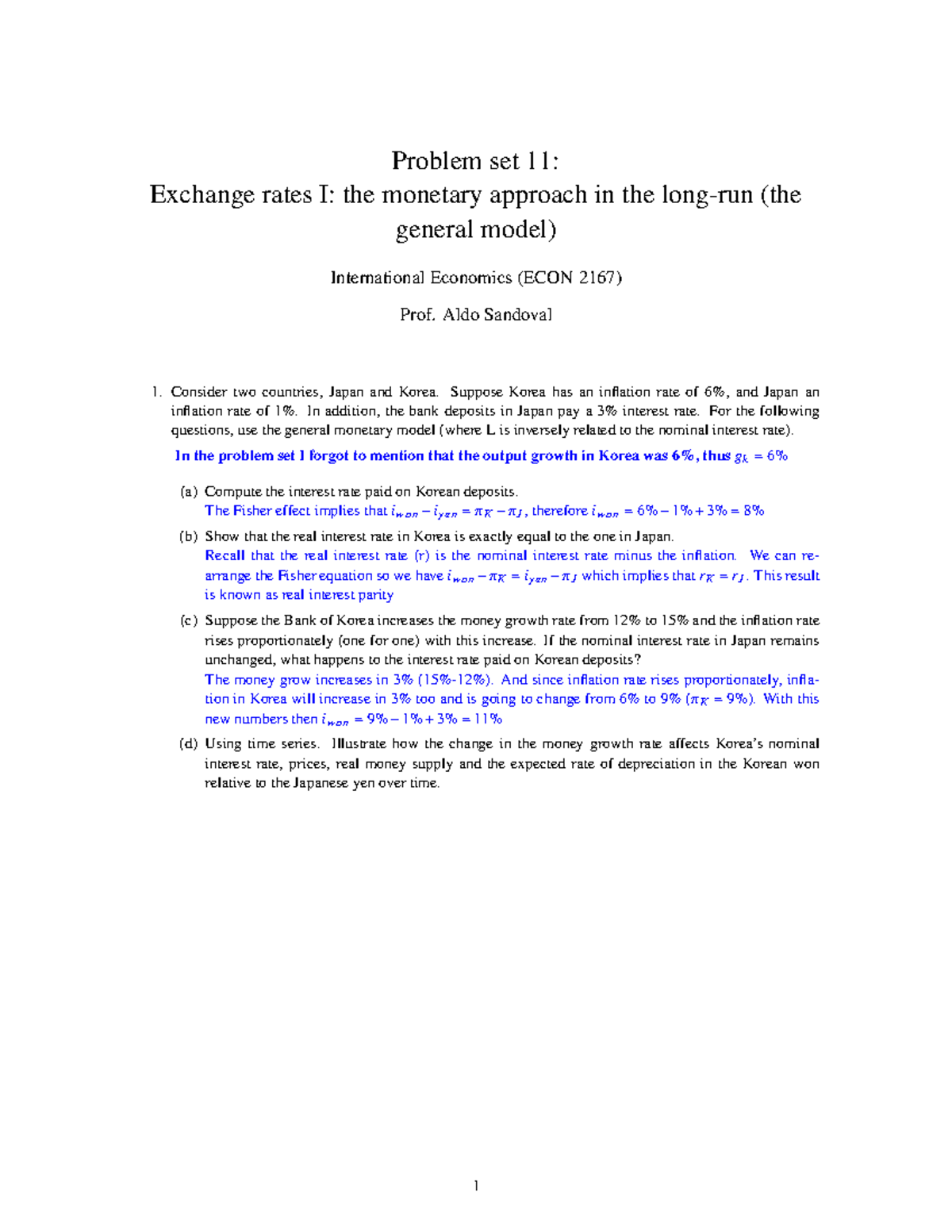 PS11 solutions - Econ2167 Fall/Winter International trade Chapter Practice Questions - Problem ...