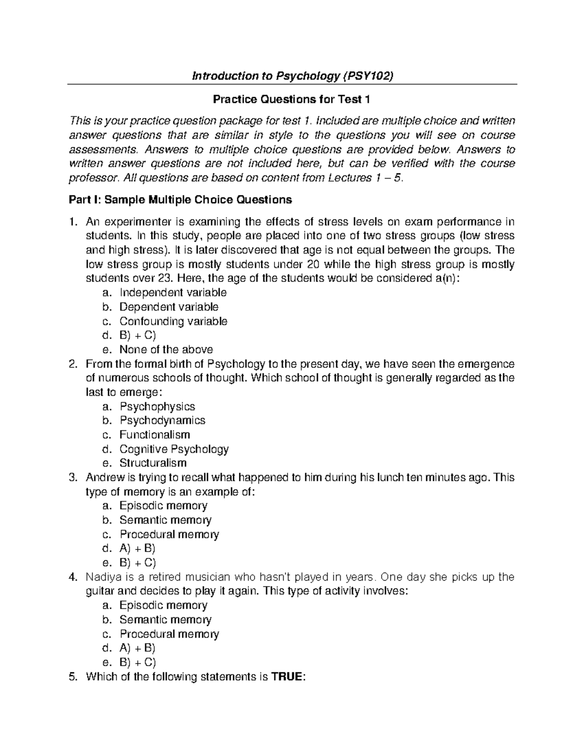 Test 1 Practice Questions - Introduction to Psychology (PSY102 ...