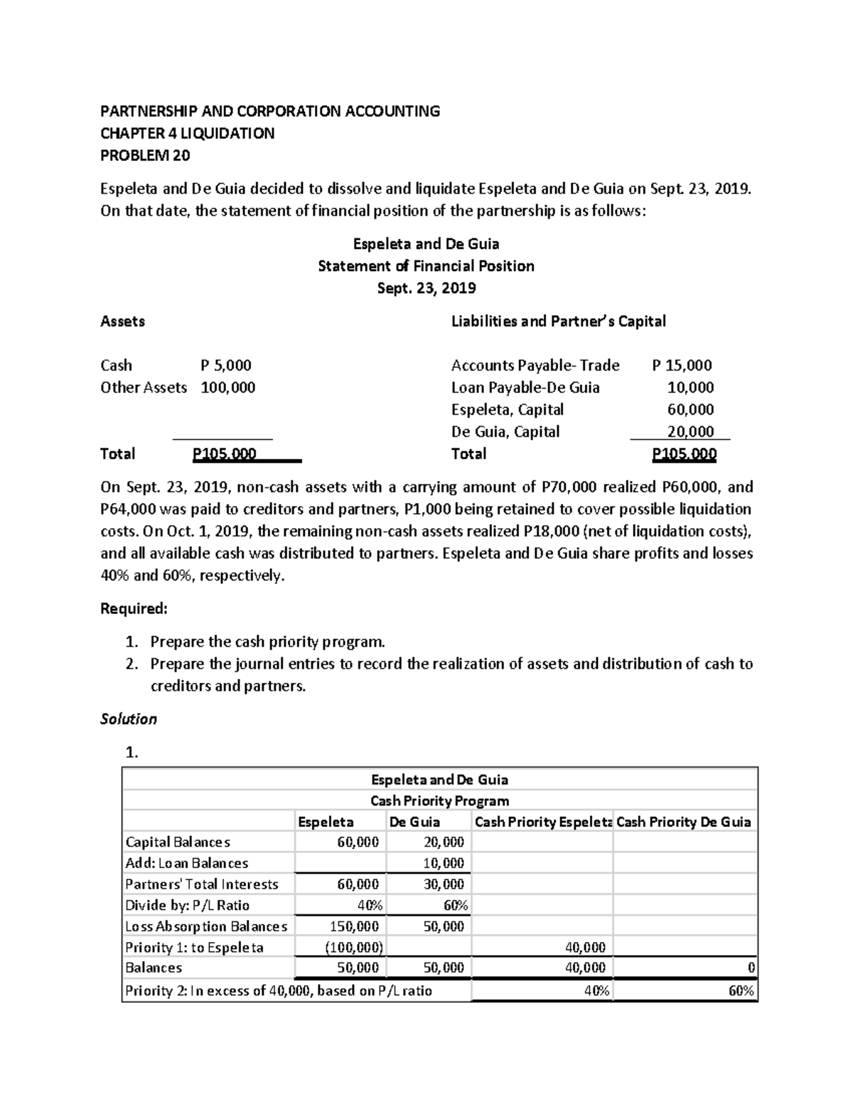 Problem 20 Installment Liquidation - PARTNERSHIP AND CORPORATION ...