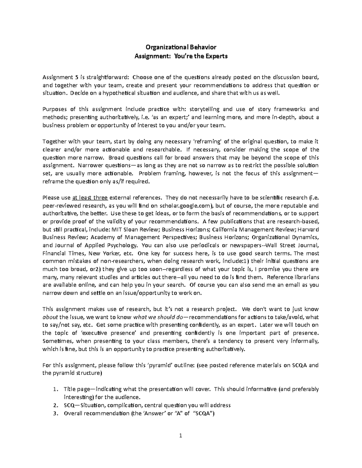 Assignment Youre the Experts v4 - Organizational Behavior Assignment ...