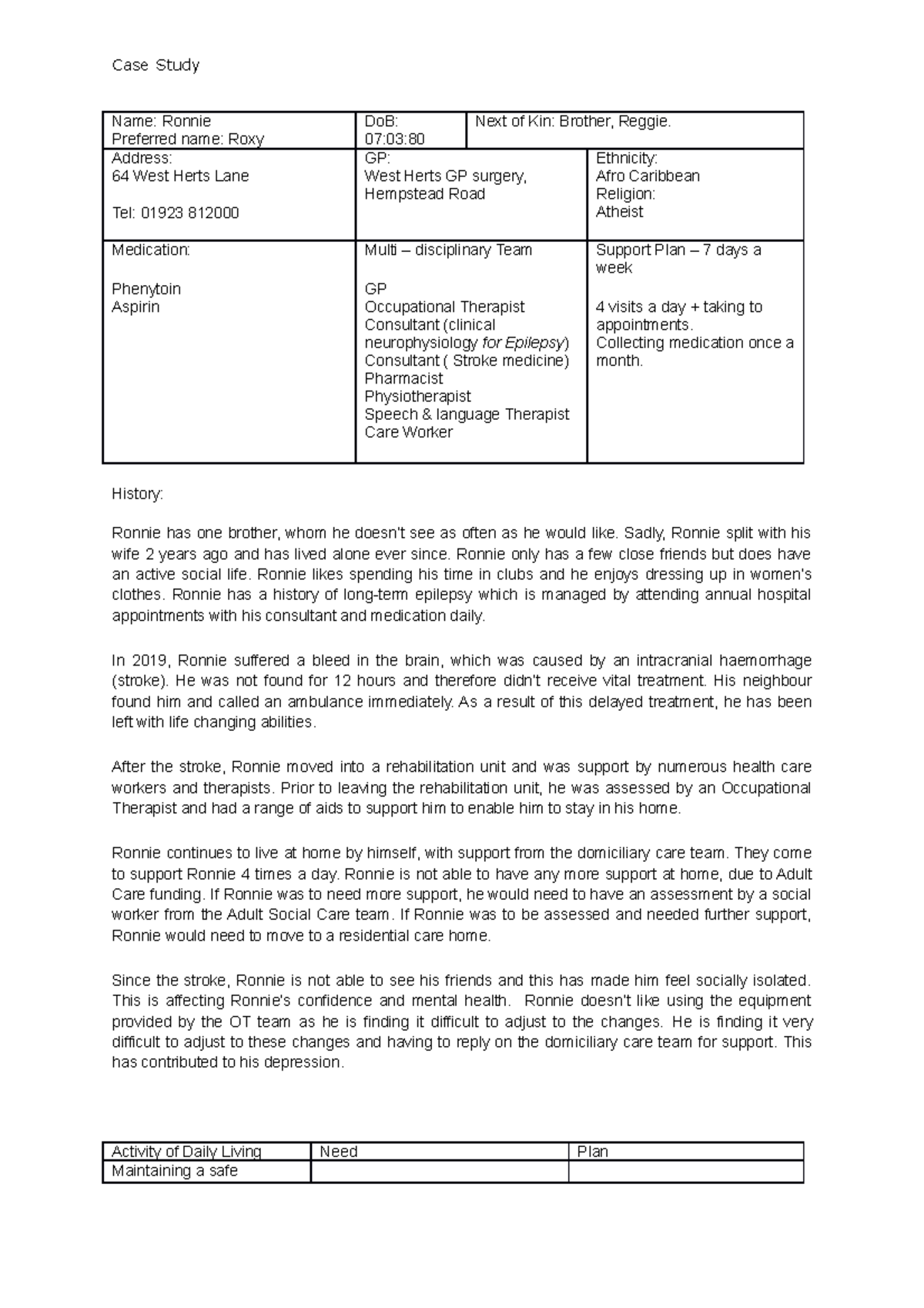 Case studies - summary case studys - Case Study Name: Ronnie Preferred name: Roxy DoB: 07:03 ...