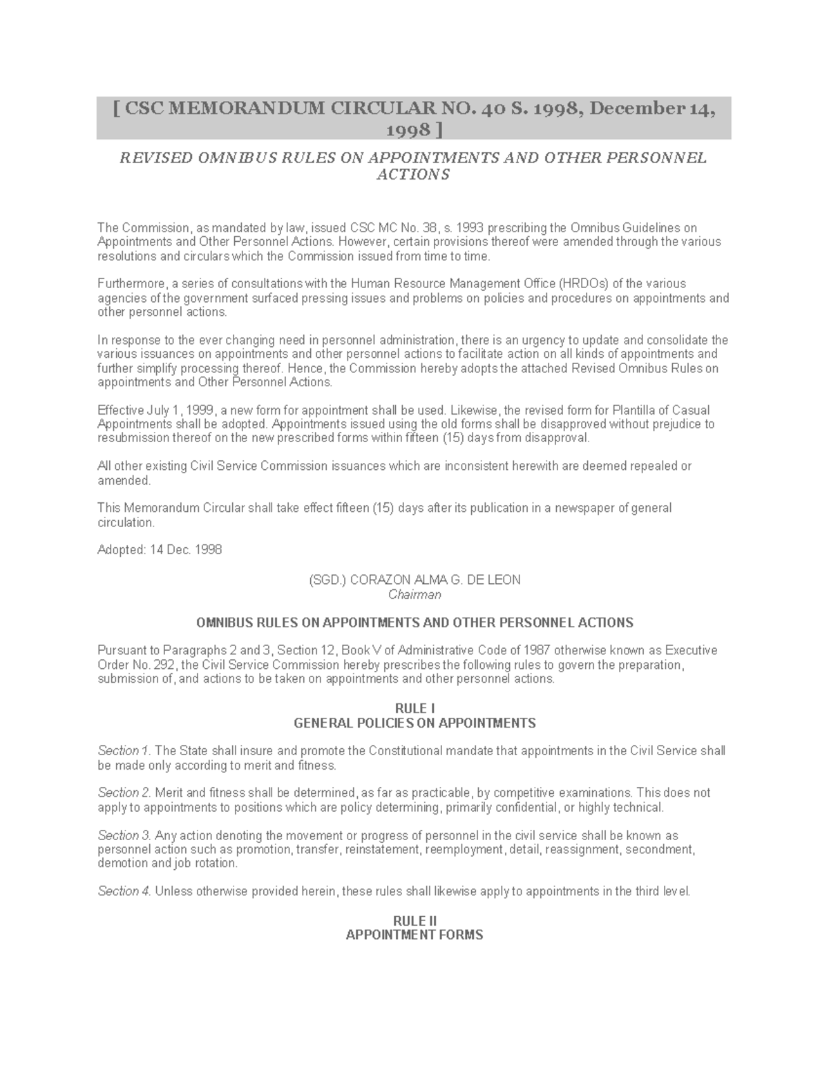 Laws and legislation topic report - [ CSC MEMORANDUM CIRCULAR NO. 40 S ...