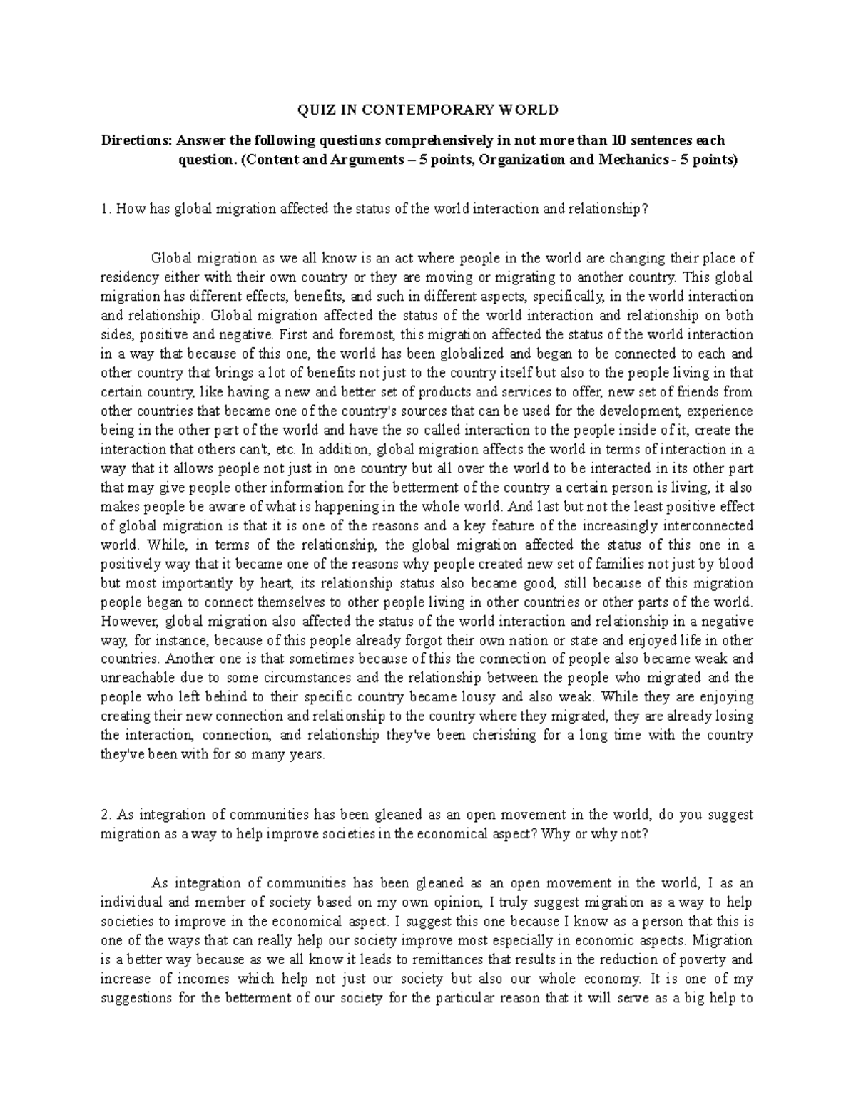 The Contemporary World - Quiz - QUIZ IN CONTEMPORARY WORLD Directions ...