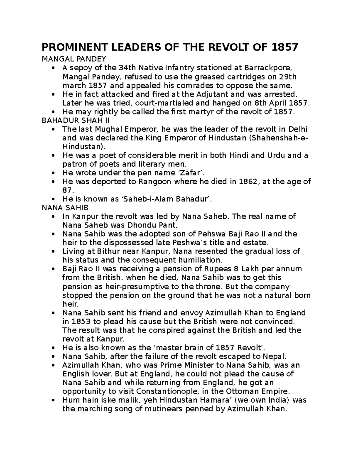 Prominent Leaders OF THE Revolt OF 1857 - PROMINENT LEADERS OF THE ...