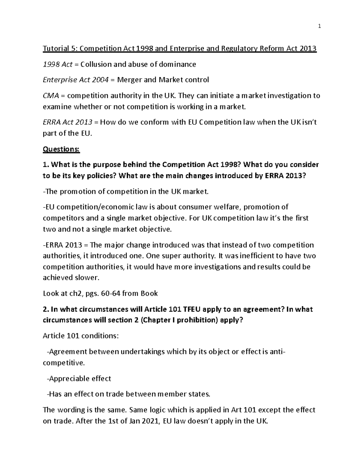 Competition Law Tutorial 5 - 1 Tutorial 5: Competition Act 1998 and ...