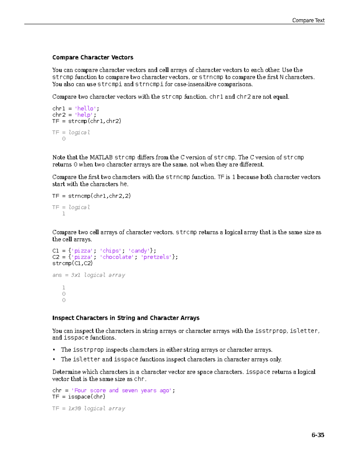 Matlab Prog 24 Compare Character Vectors You Can Compare Character Vectors And Cell Arrays Of