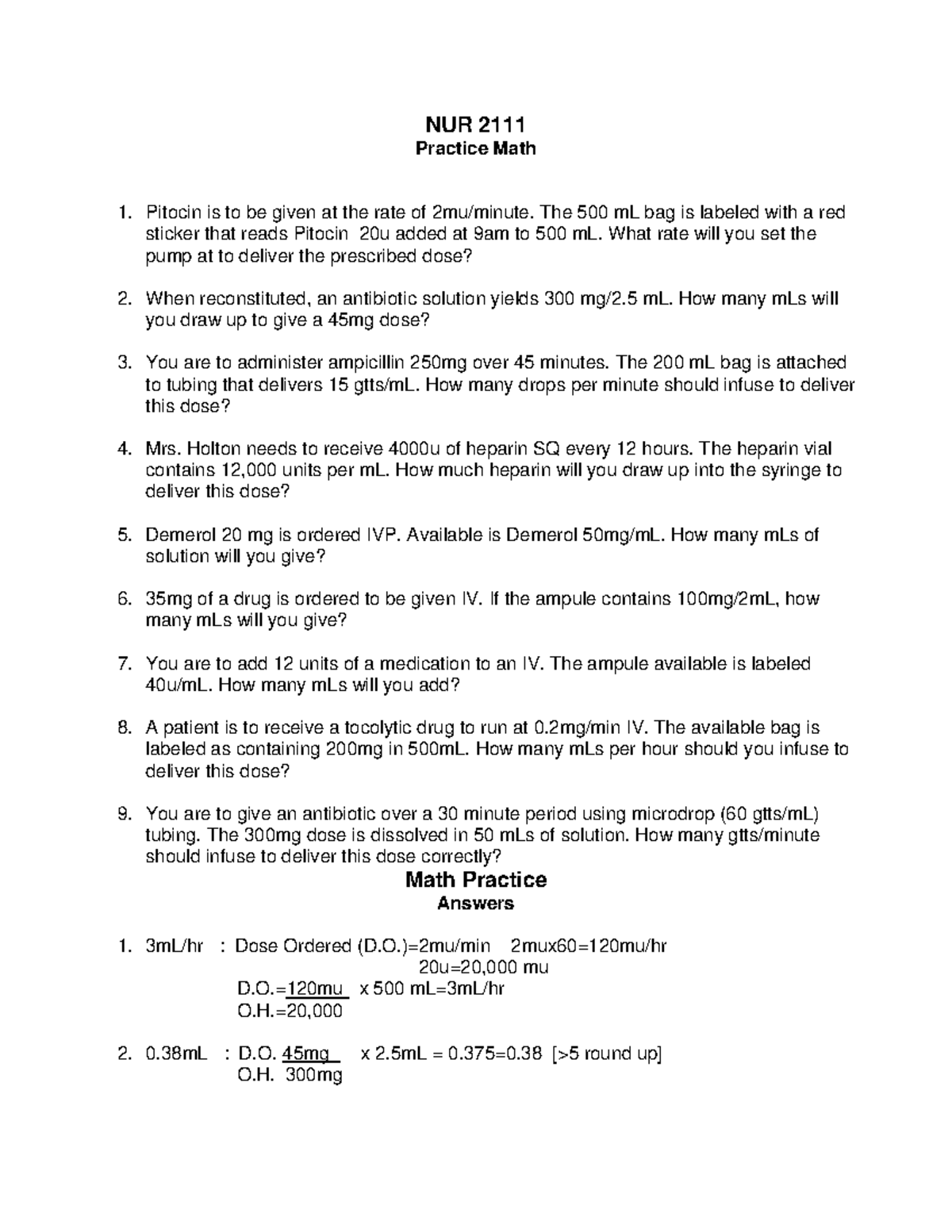NURS2111Practice Test-sp2018 - NUR 2111 Practice Math Pitocin is to be ...